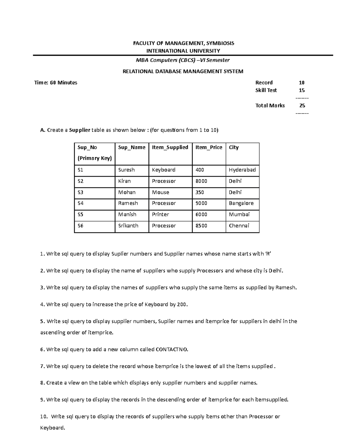 Relational Dbms Mandatory Assignment Faculty Of Management