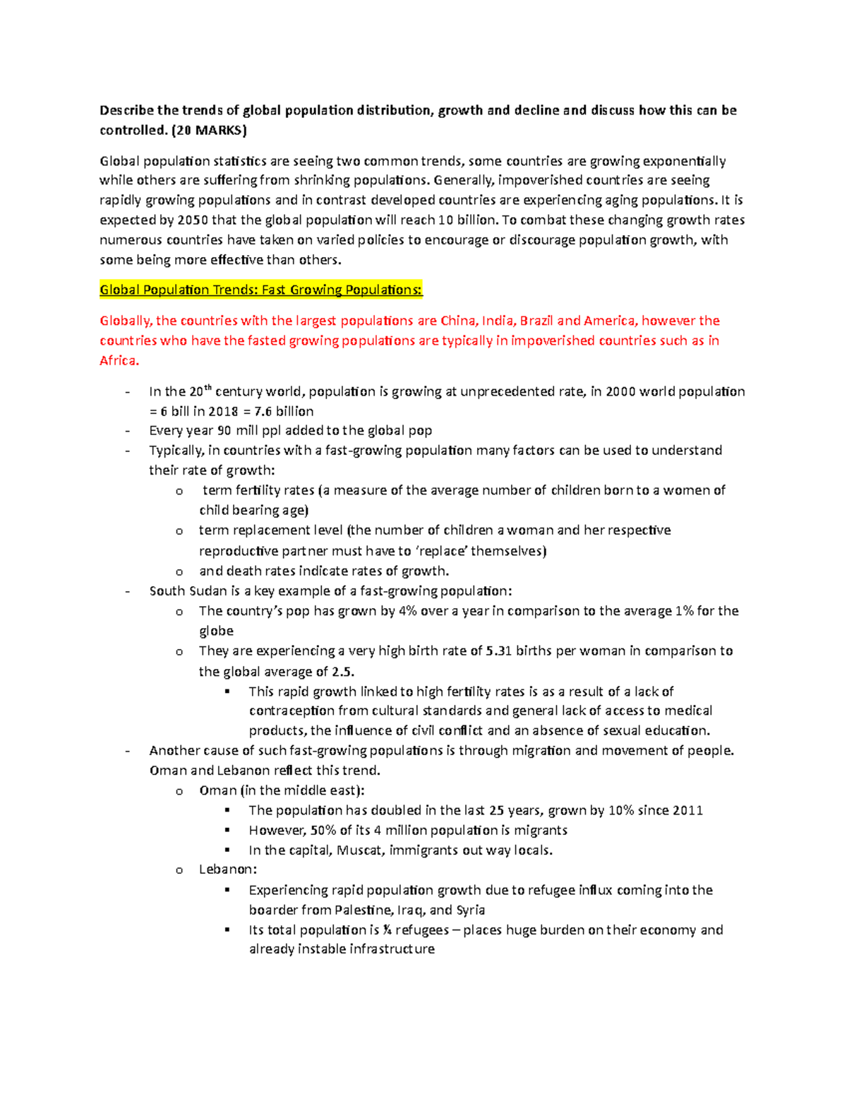 Population Essay - Describe the trends of global population ...