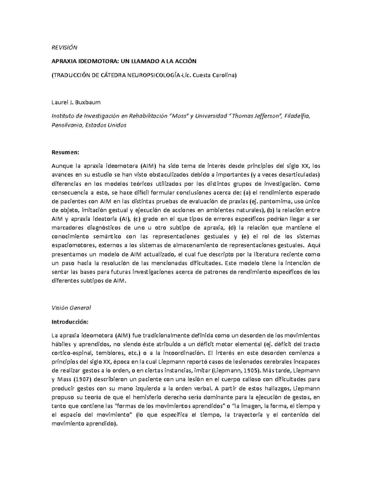 Traducci n libre Buxbaum.docx - REVISIÓN APRAXIA IDEOMOTORA: UN LLAMADO ...