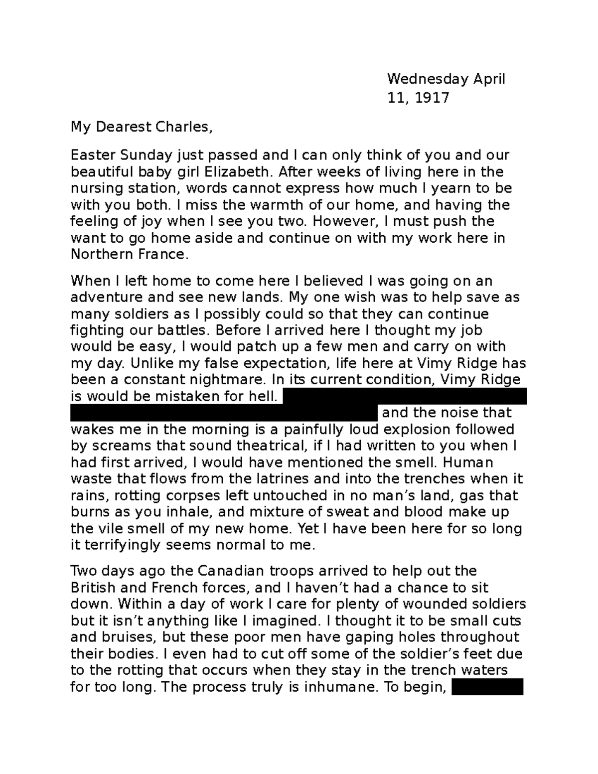 Vimy Ridge Letter Home - Wednesday April 11, 1917 My Dearest Charles ...