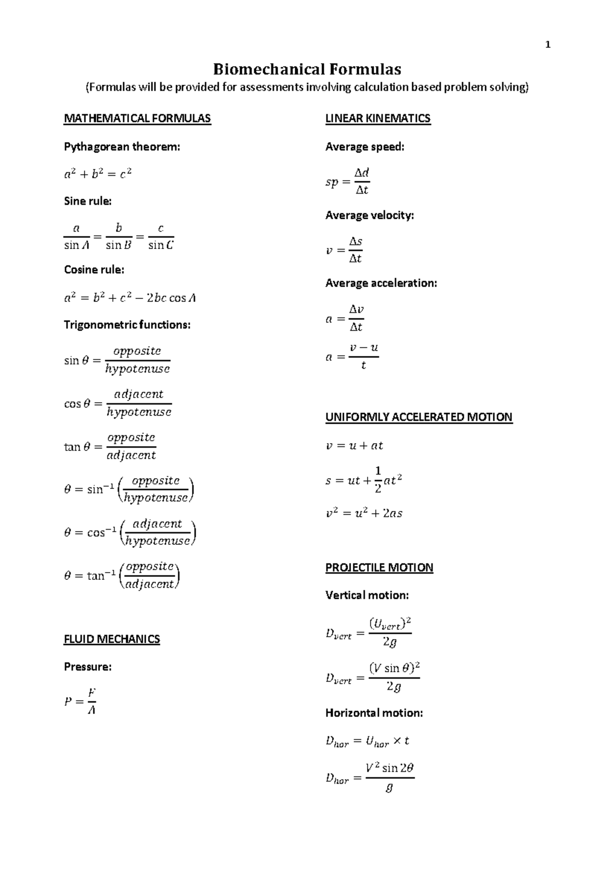 Biomechanical Formula Sheet - 1 Biomechanical Formulas (Formulas will ...