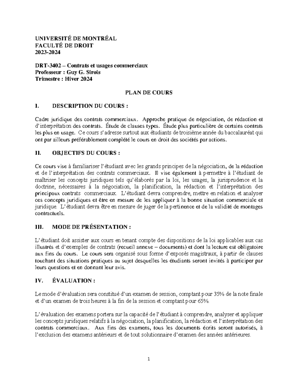 Contrats et usages commerciaux - Plan de cours - UNIVERSITÉ DE MONTRÉAL ...
