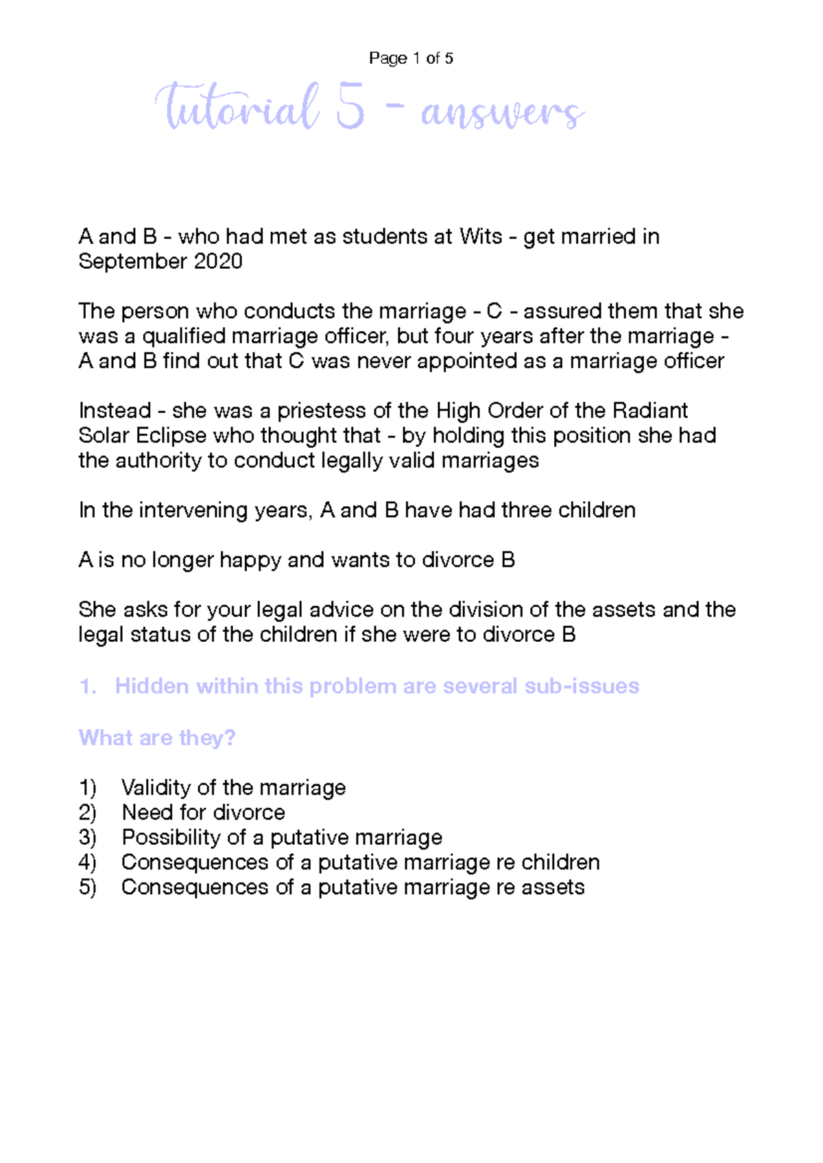 Tutorial 5 - answers copy - Tutorial 5 - answers A and B - who had met ...