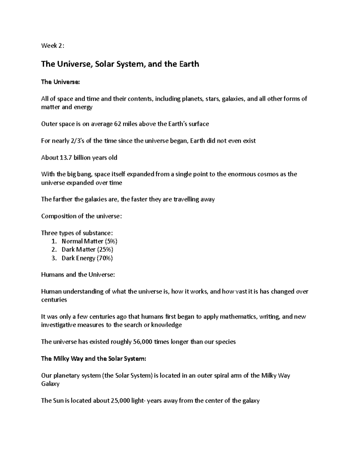 Lecture 2 - Week 2: The Universe, Solar System, and the Earth The ...
