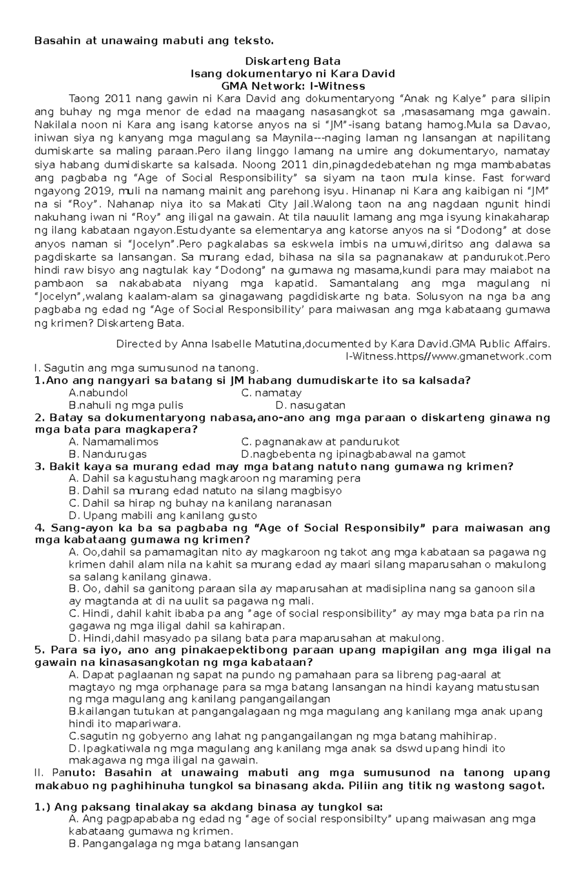 Activity Telebisyon - Basahin at unawaing mabuti ang teksto. Diskarteng Bata Isang dokumentaryo ...