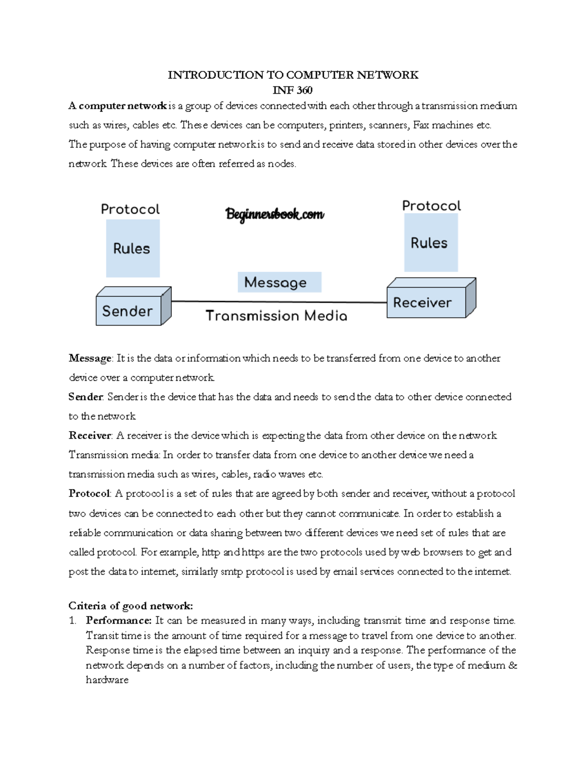 Introudction to computer networks - INTRODUCTION TO COMPUTER NETWORK INF 360 A computer network ...
