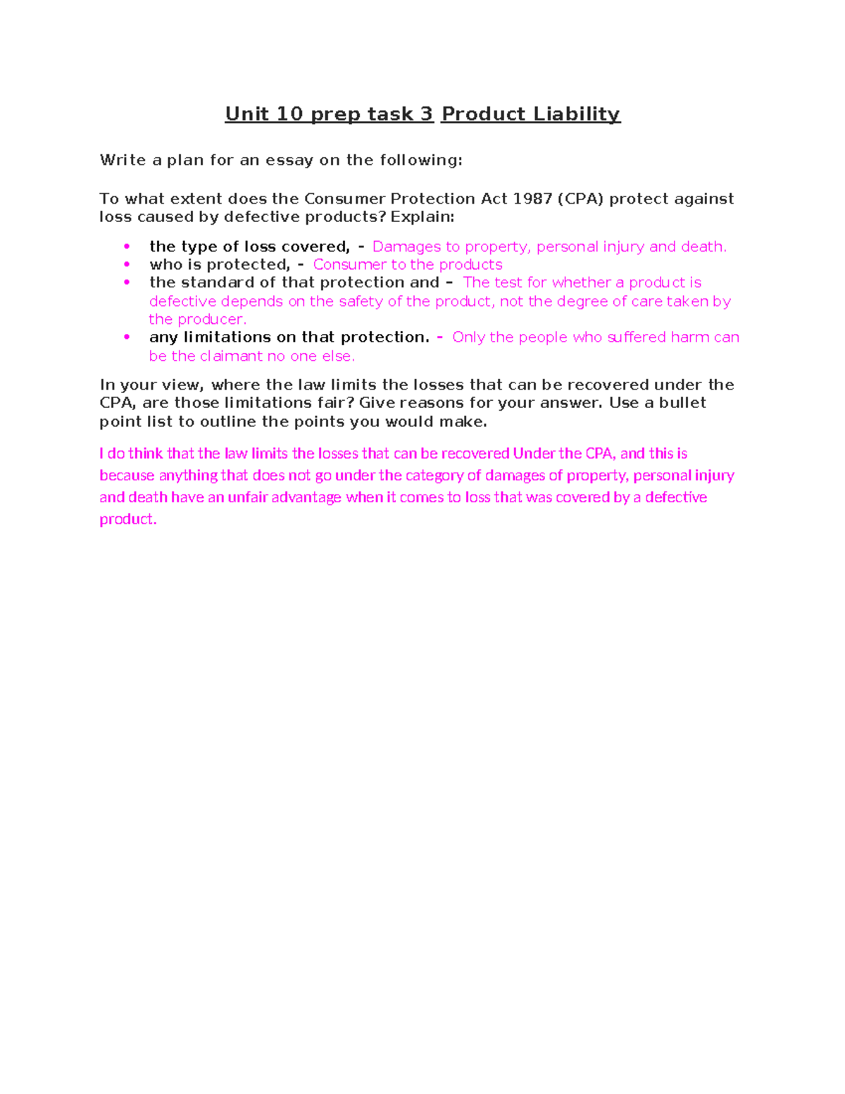 Unit 10 preptask 3 - prep work - Unit 10 prep task 3 Product Liability ...
