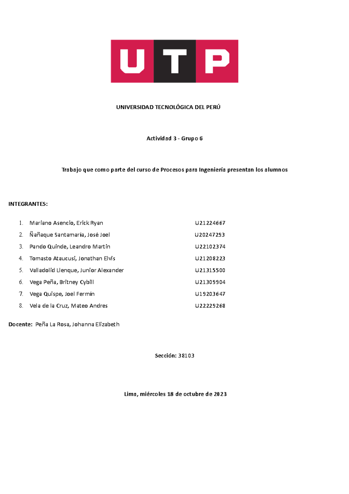 Mapade Procesos - UNIVERSIDAD TECNOLÓGICA DEL PERÚ Actividad 3 - Grupo ...