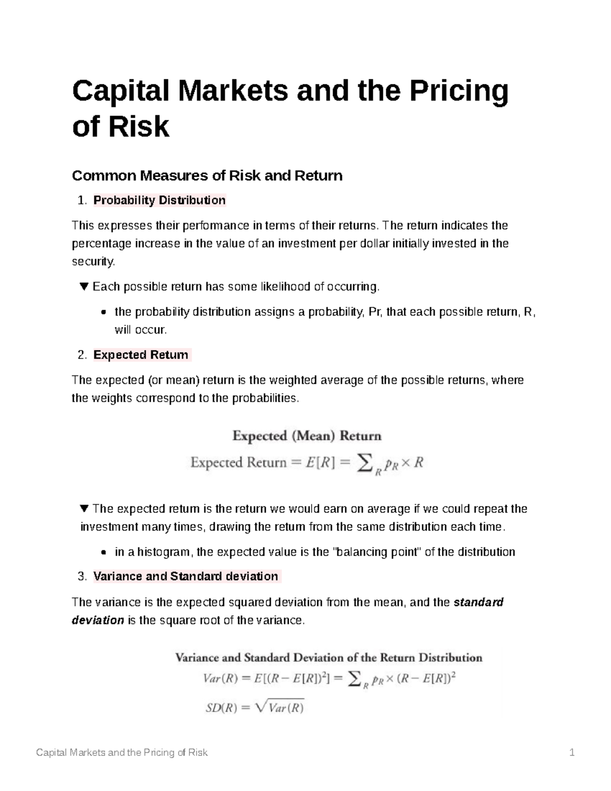ACF214 Capital markets - Capital Markets and the Pricing of Risk Common ...