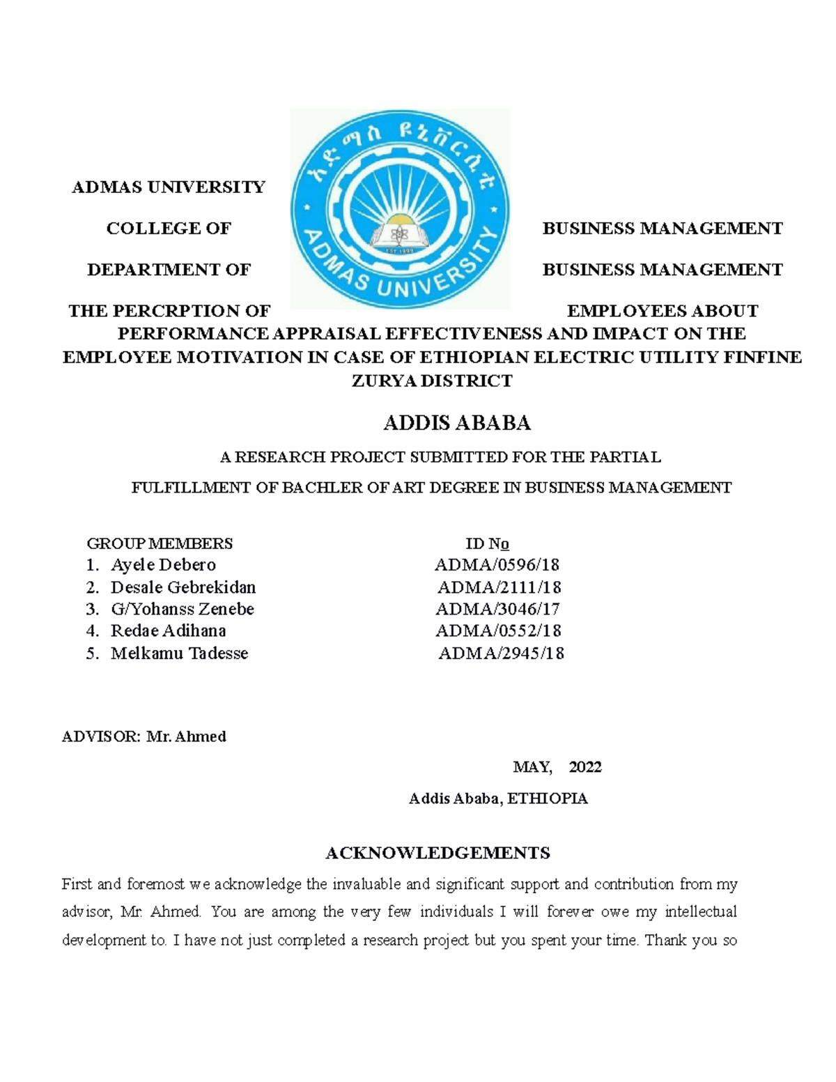 Desalegn Final Updated - ADMAS UNIVERSITY COLLEGE OF BUSINESS ...