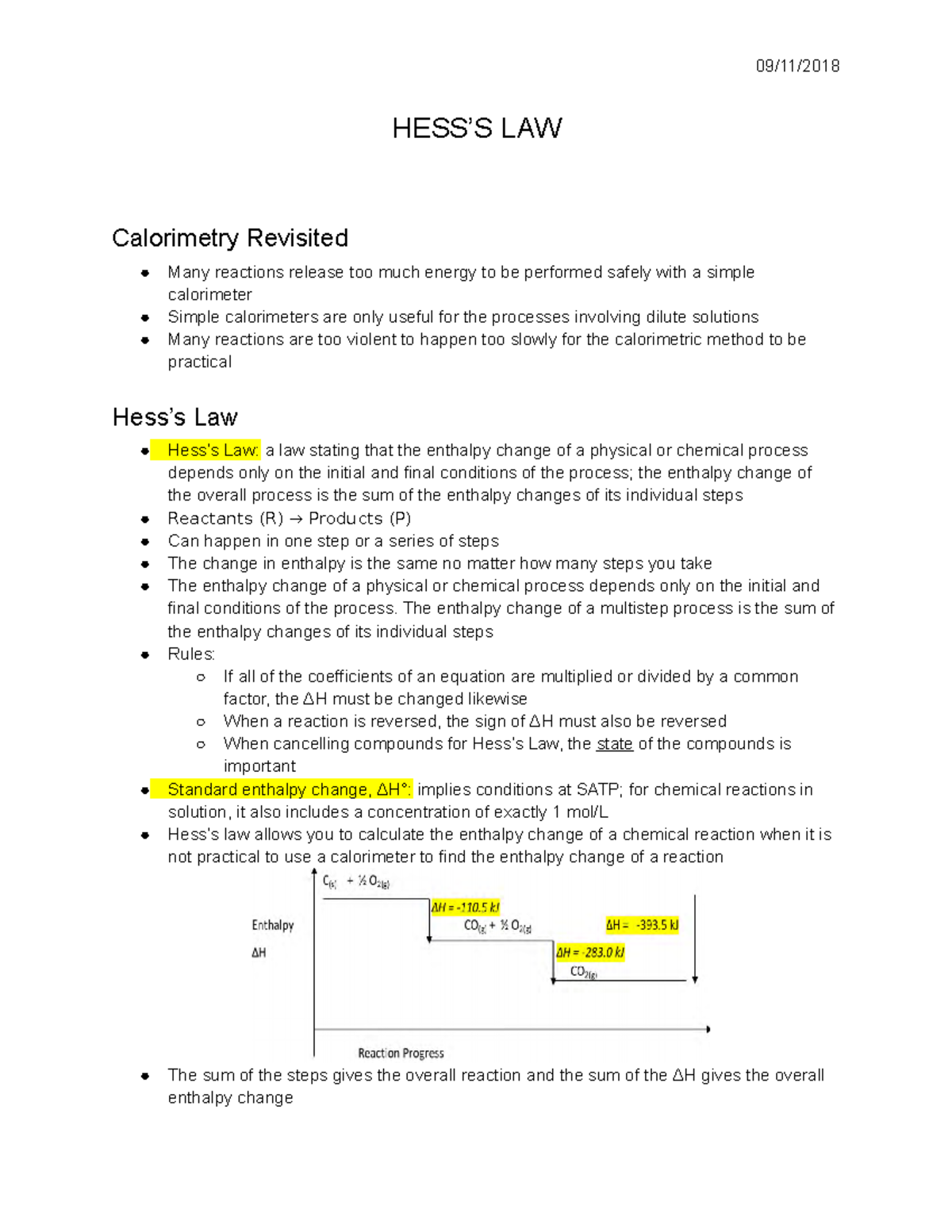 5.3 Hess s Law - Notes - 09/11/ HESS’S LAW Calorimetry Revisited Many ...