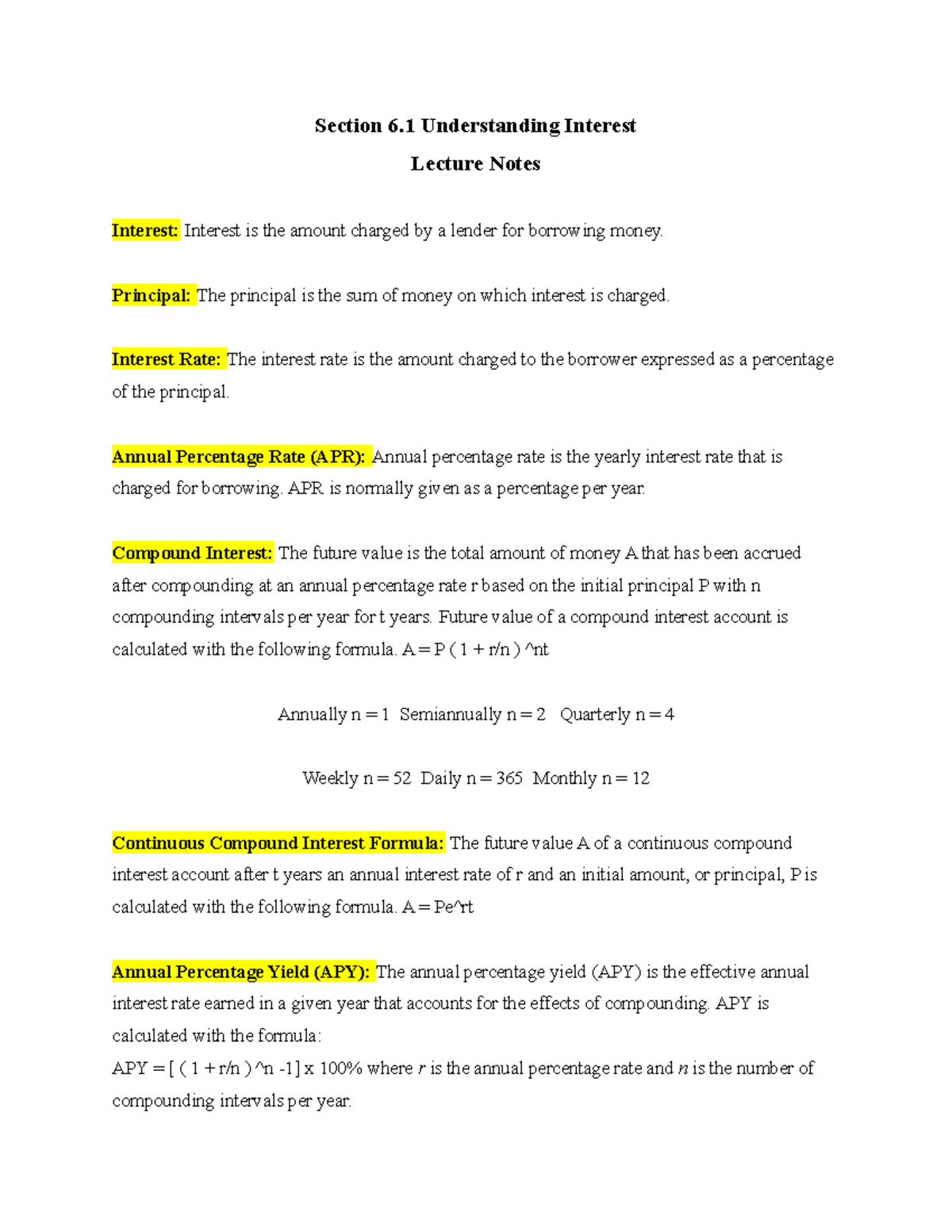 6.1 Understanding Interest Notes - Section 6 Understanding Interest ...
