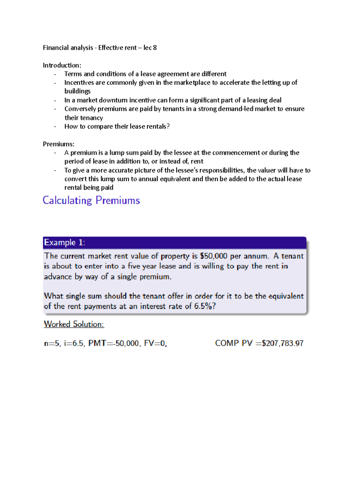 Financial analysis - Effective rent – lec 8 - Studocu
