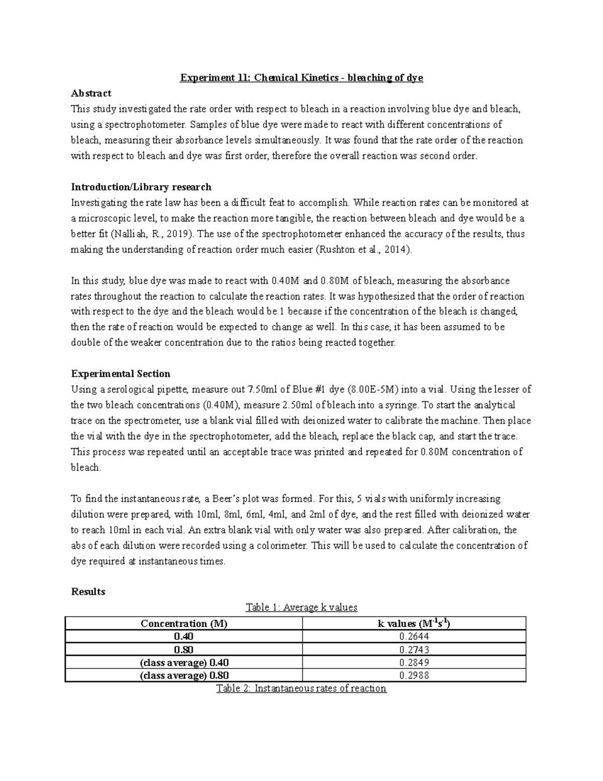 Experiment 11 - kinetics of dye and bleach - CHEM121 - UBC - Studocu