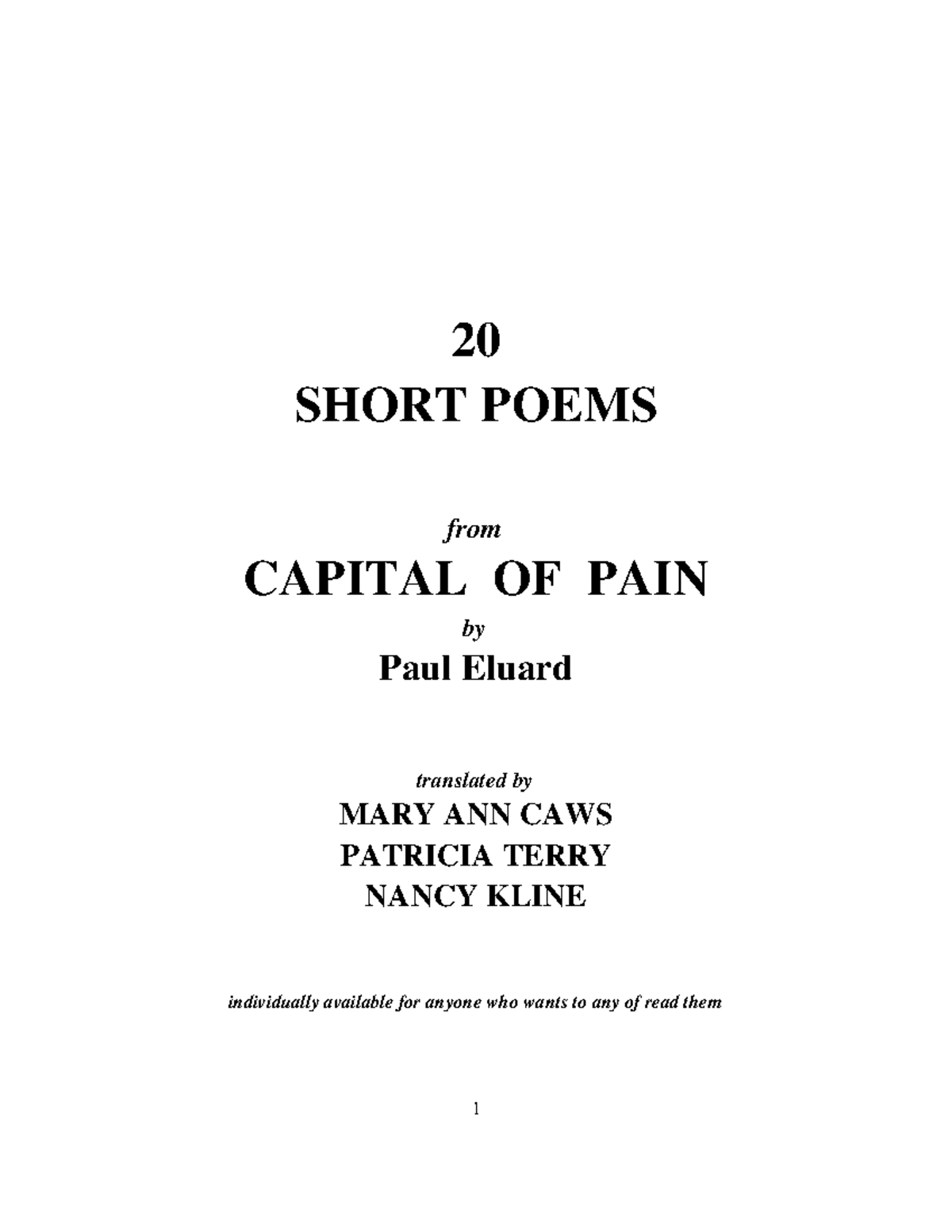 20 Short Poems from Eluard's Capital OF PAIN - 20 SHORT POEMS from ...