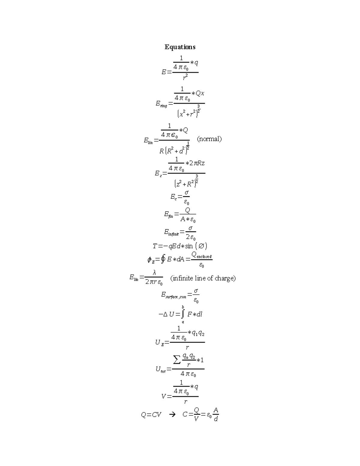 Test 1 Formula Sheet - Equations E= 1 4 πε 0 ∗q r 2 Ering= 1 4 π ε 0 ∗ ...