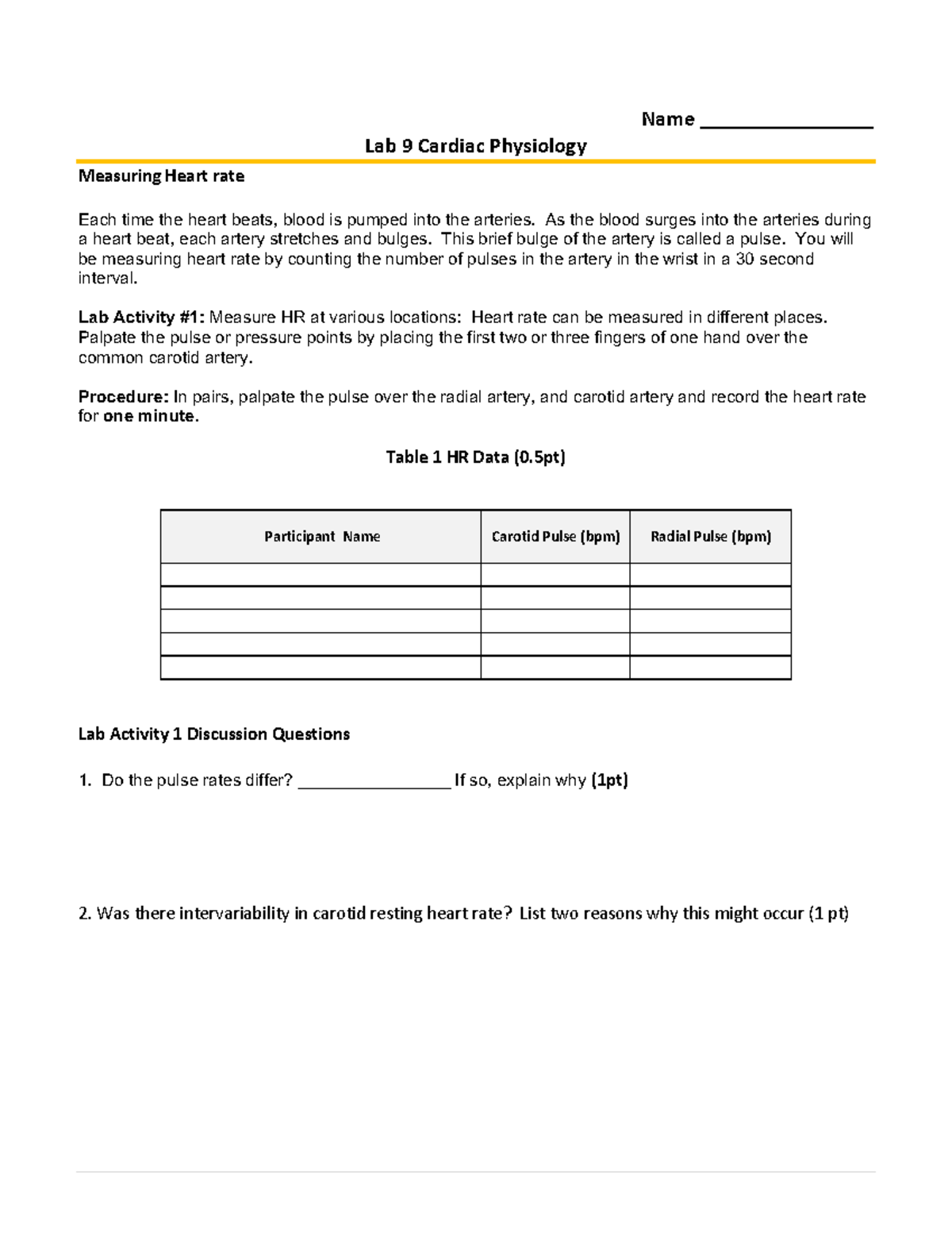 Lab 9 Worksheet Cardiac Physiology Iowa State University Of Ames Iowa