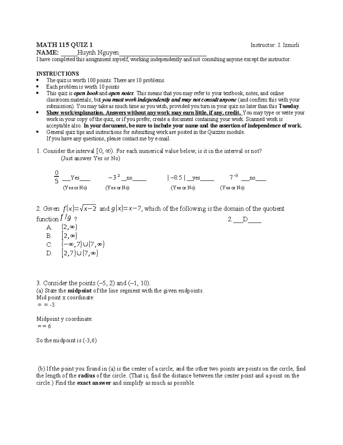 Quiz1 - math - MATH 115 QUIZ 1 Instructor: I. Izmirli NAME: Huynh ...