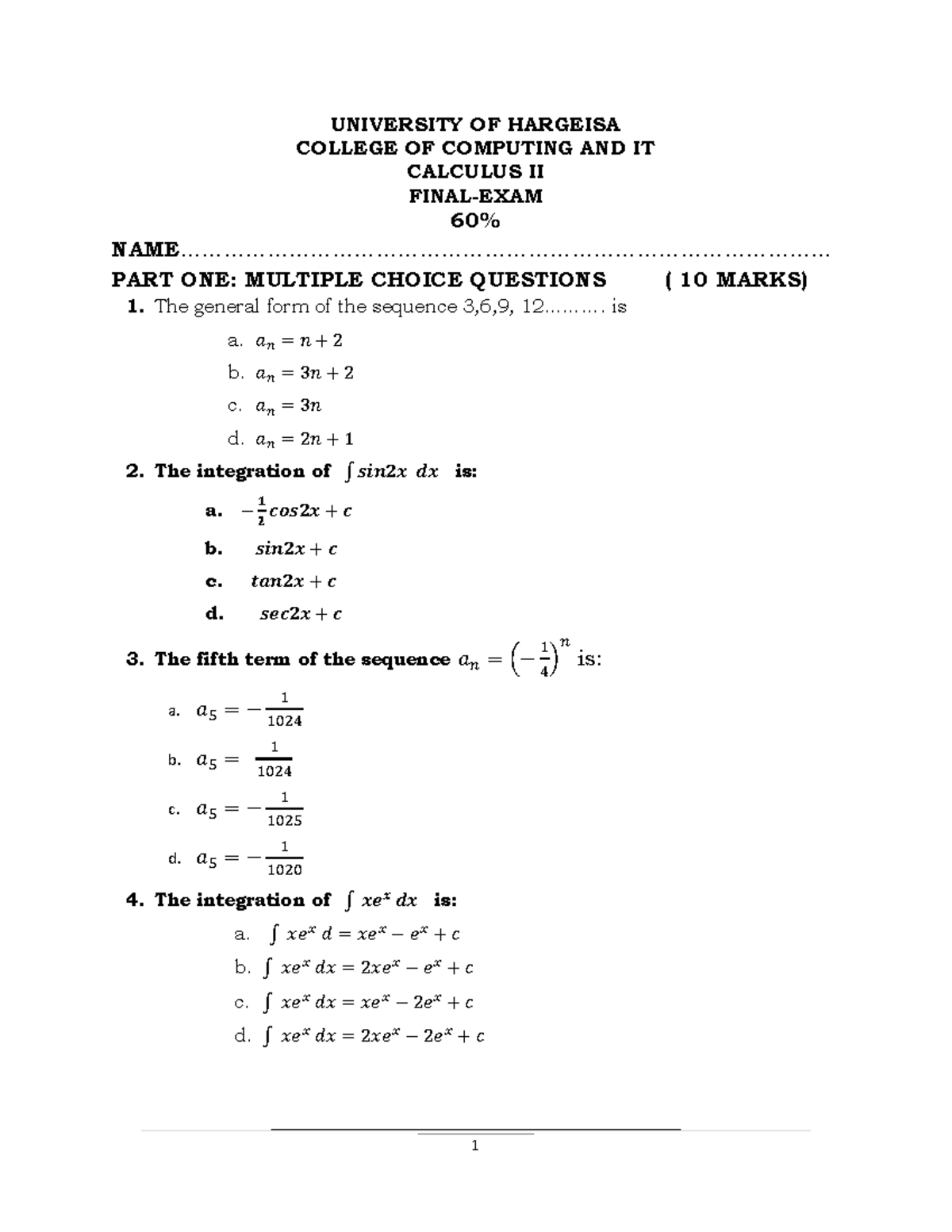 Final Exam Calculus Ii Exam 1 University Of Hargeisa College Of