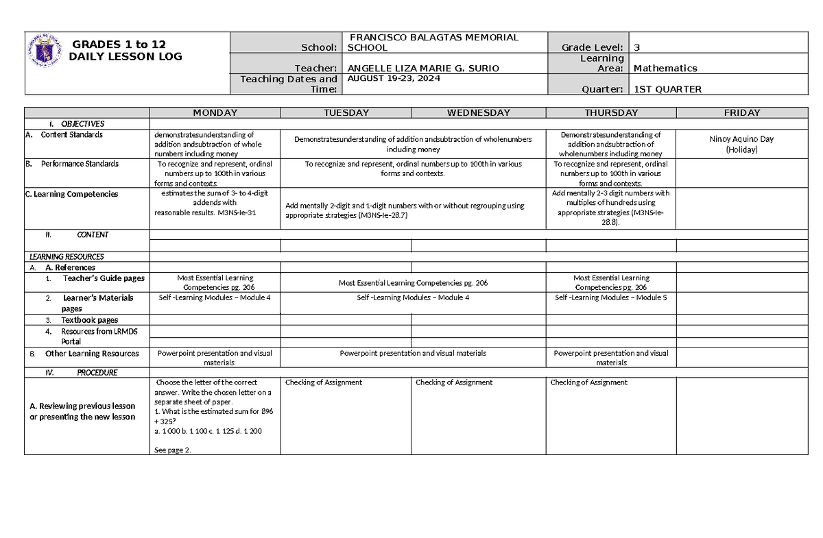 DLL MATH WEEK 4 - asdfgh - GRADES 1 to 12 DAILY LESSON LOG School ...