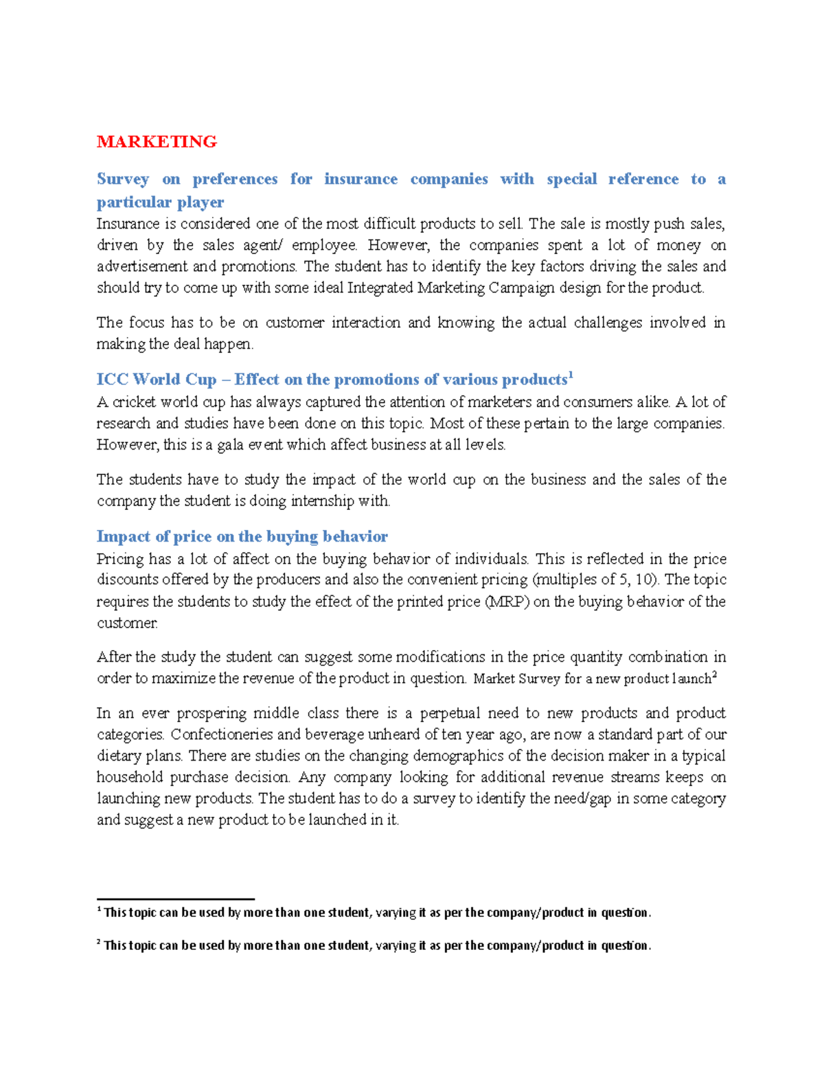 List of Topics - Examples for CDP and Summer Internships - MARKETING ...