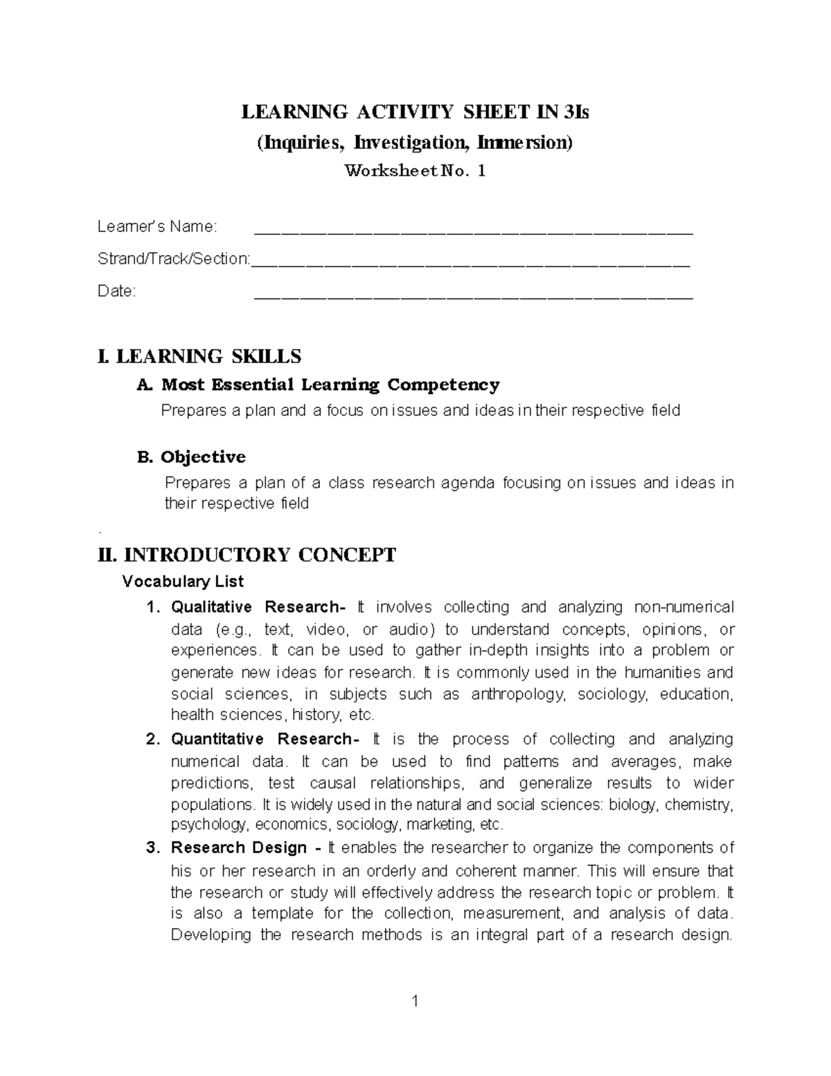 Oral Communication - LEARNING ACTIVITY SHEET IN 3Is (Inquiries ...