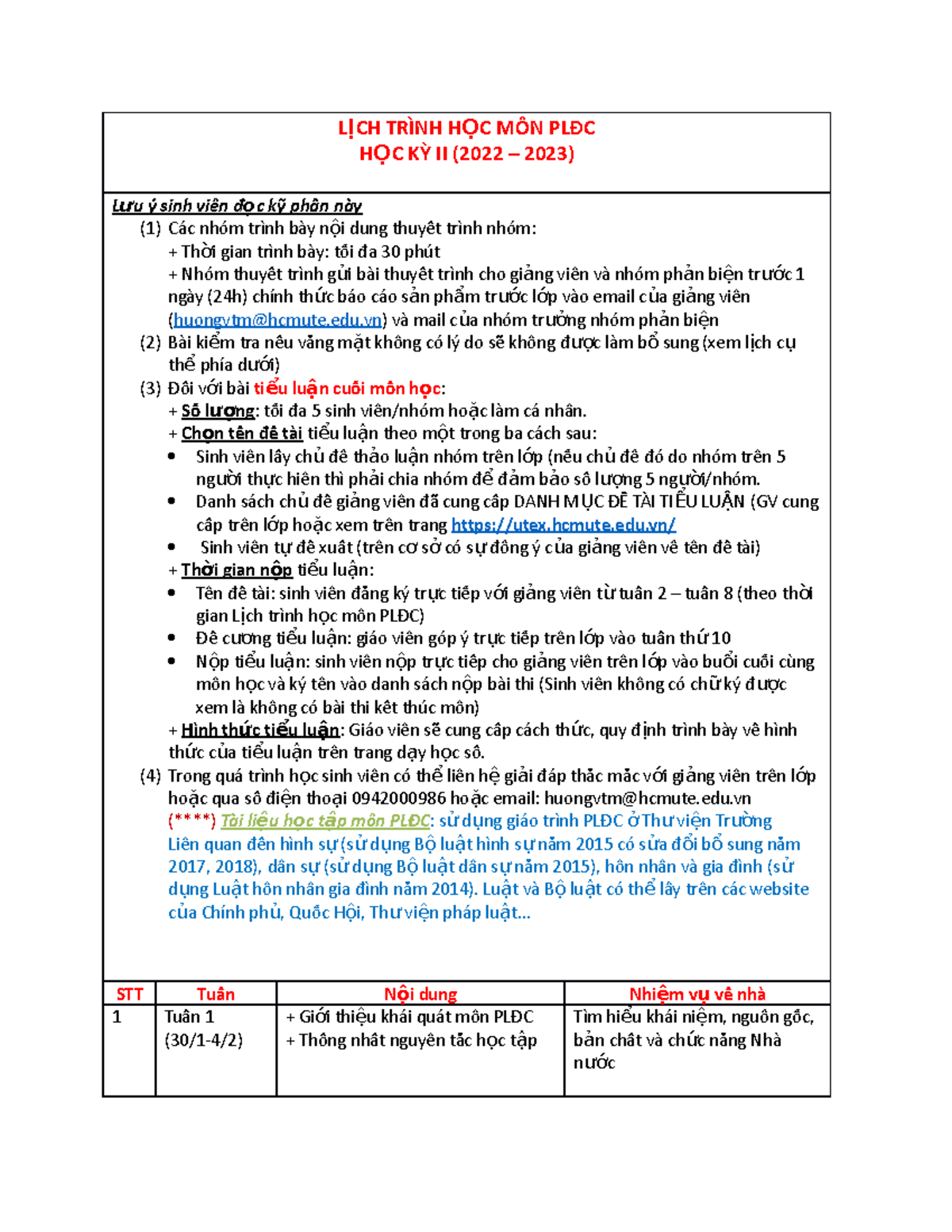 LỊCH Trình HỌC MÔN PLĐC hk2(2022-2023) - L CH TRÌNH HỊ ỌC MÔN PLĐC H ỌC KỲ II (2022 – 2023) L ưu ...