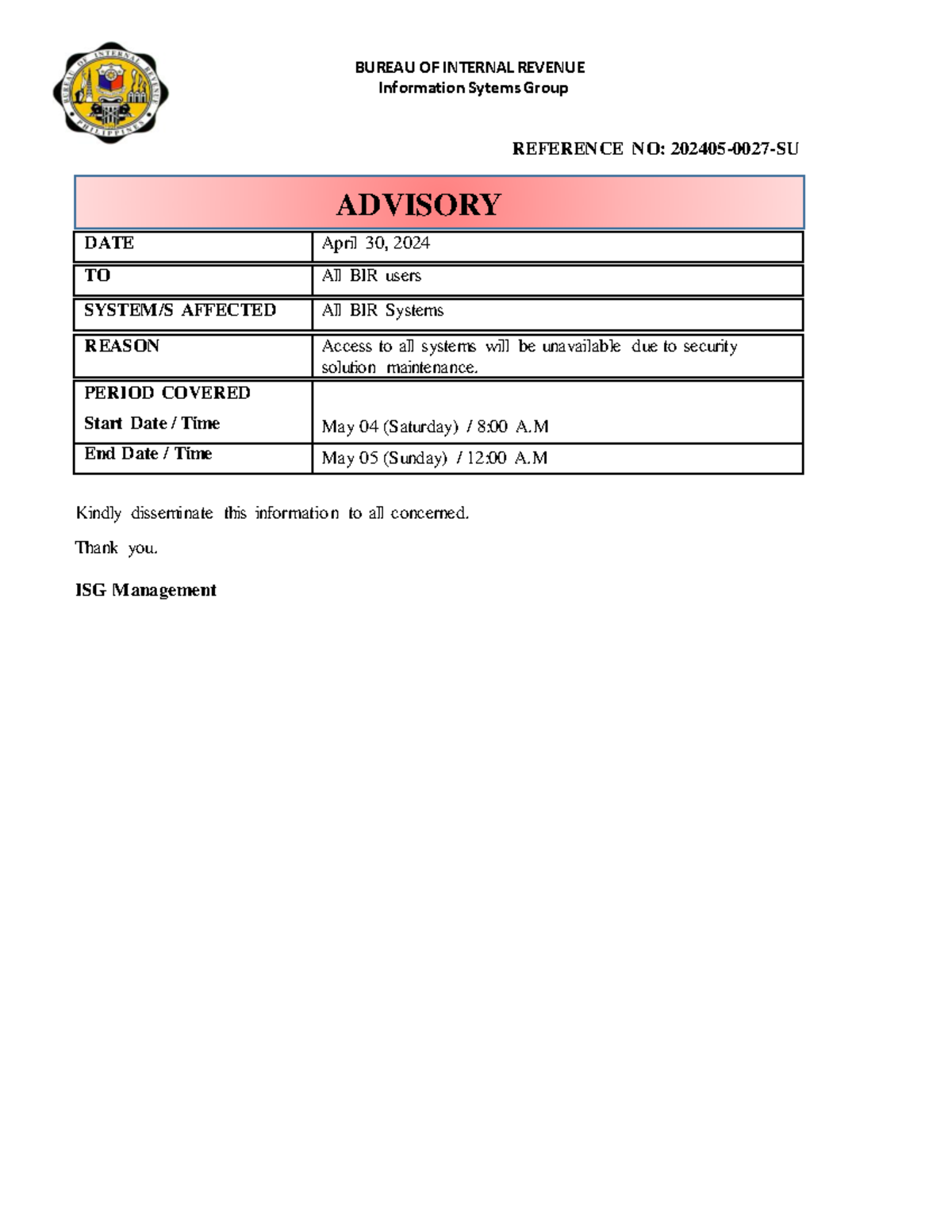 Advisory System Unavailability of All BIR Systems - Technology and ...
