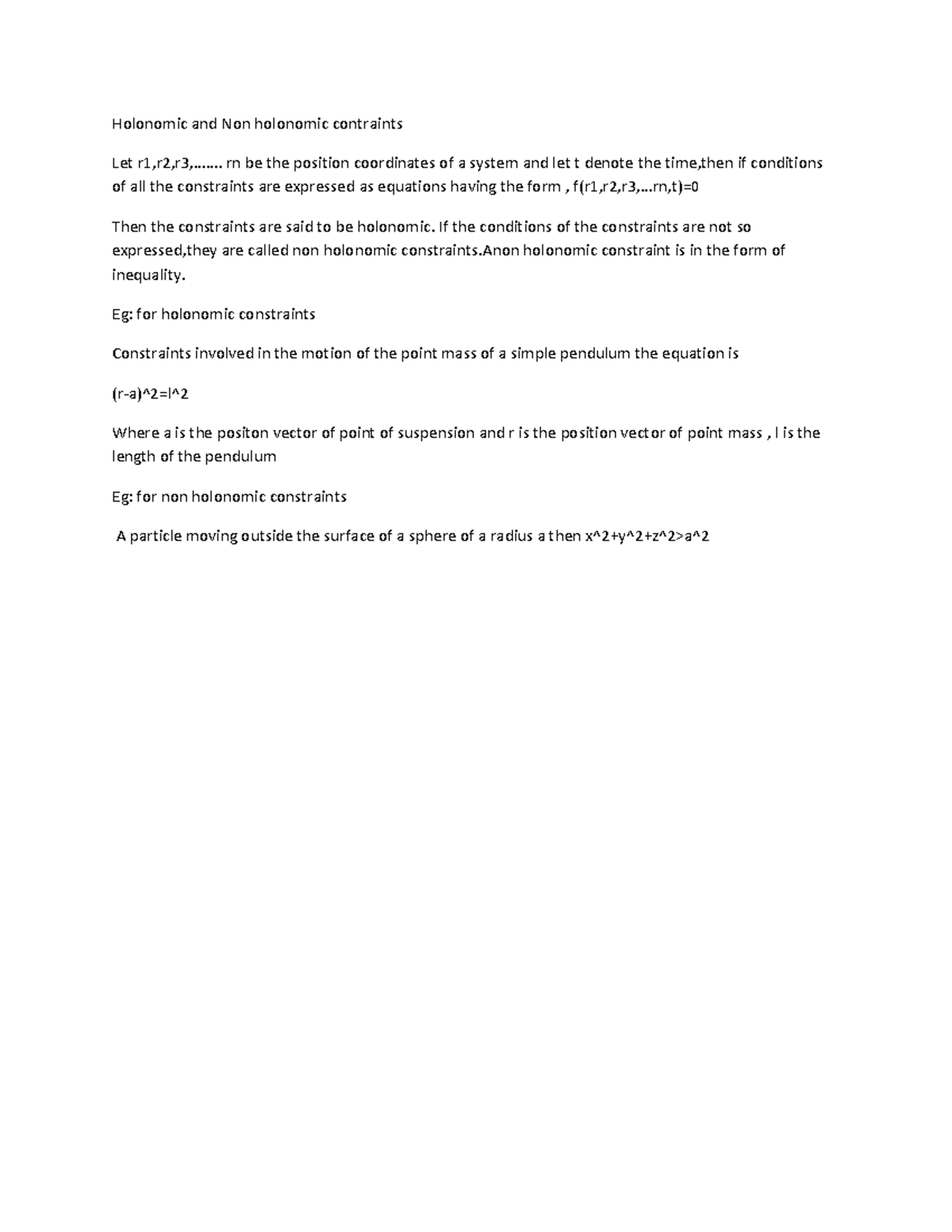Holonomic and Non holonomic contraints - ...... rn be the position ...