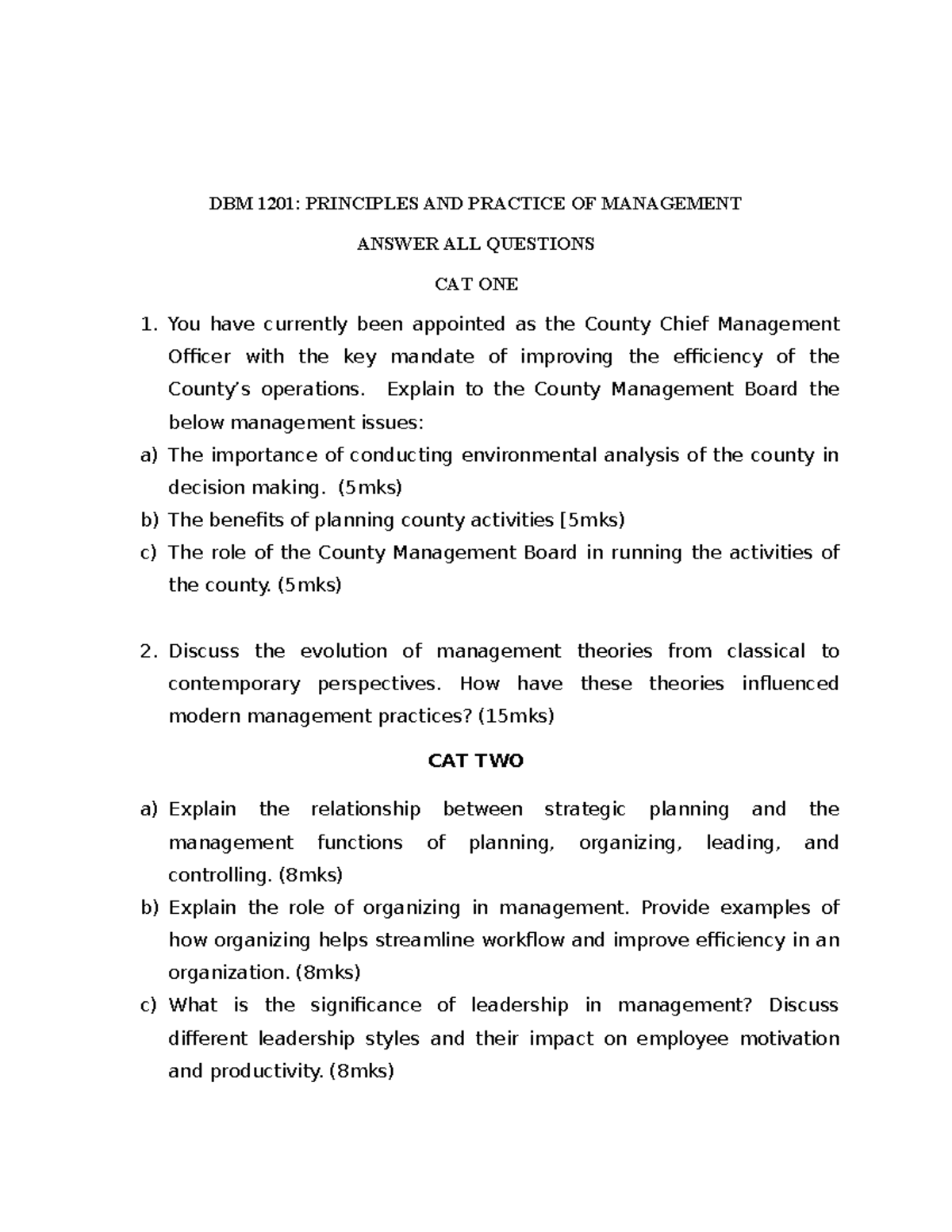 DBM 1201 principles of management cats - DBM 1201: PRINCIPLES AND ...