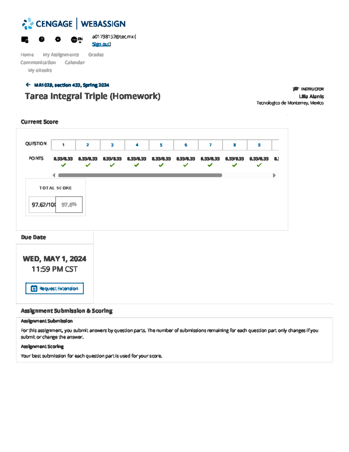Tarea Integral Triple - MA1029, section 433, Spring 2024 Web Assign - EN a01738152@tec ( Sign ...