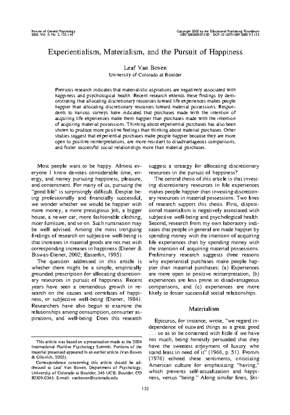 Van Boven Experientialism materialism and the pursuit of happiness - Experientialism ...