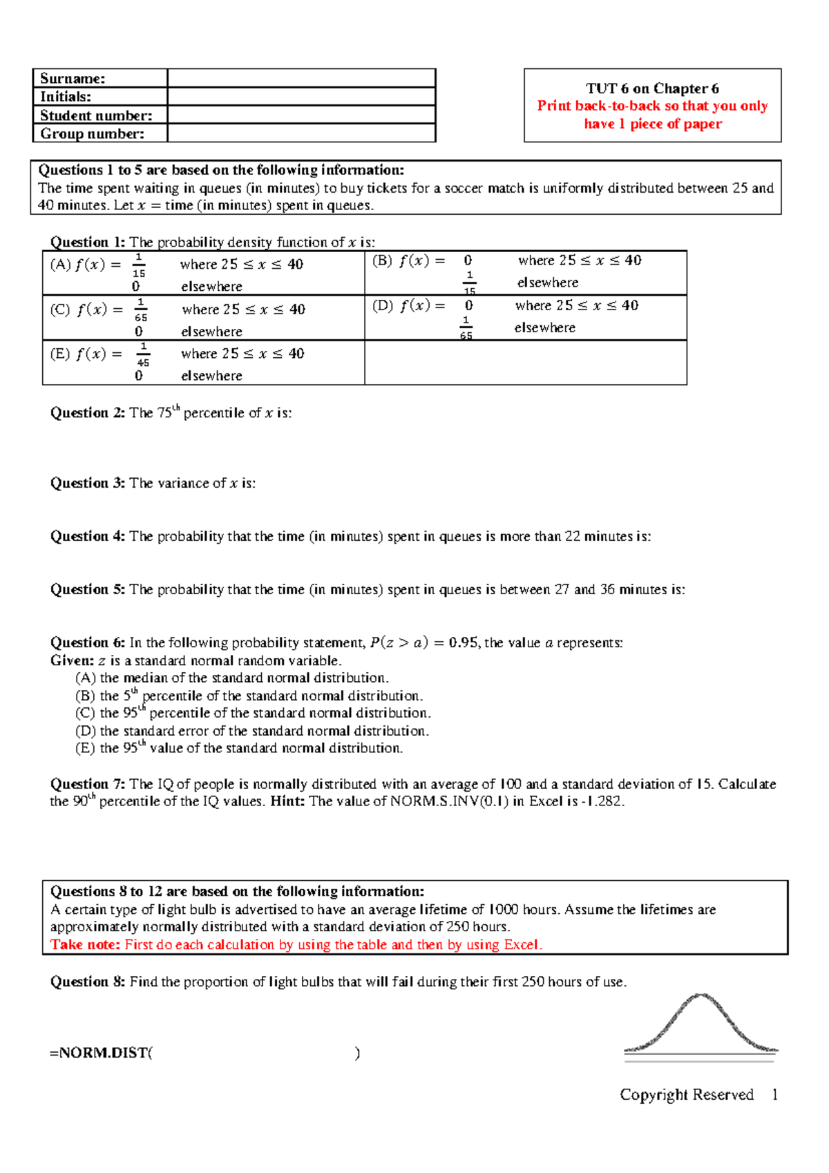 STK 110 - Tutorial 6 - this is just a summary and just a brief overview ...