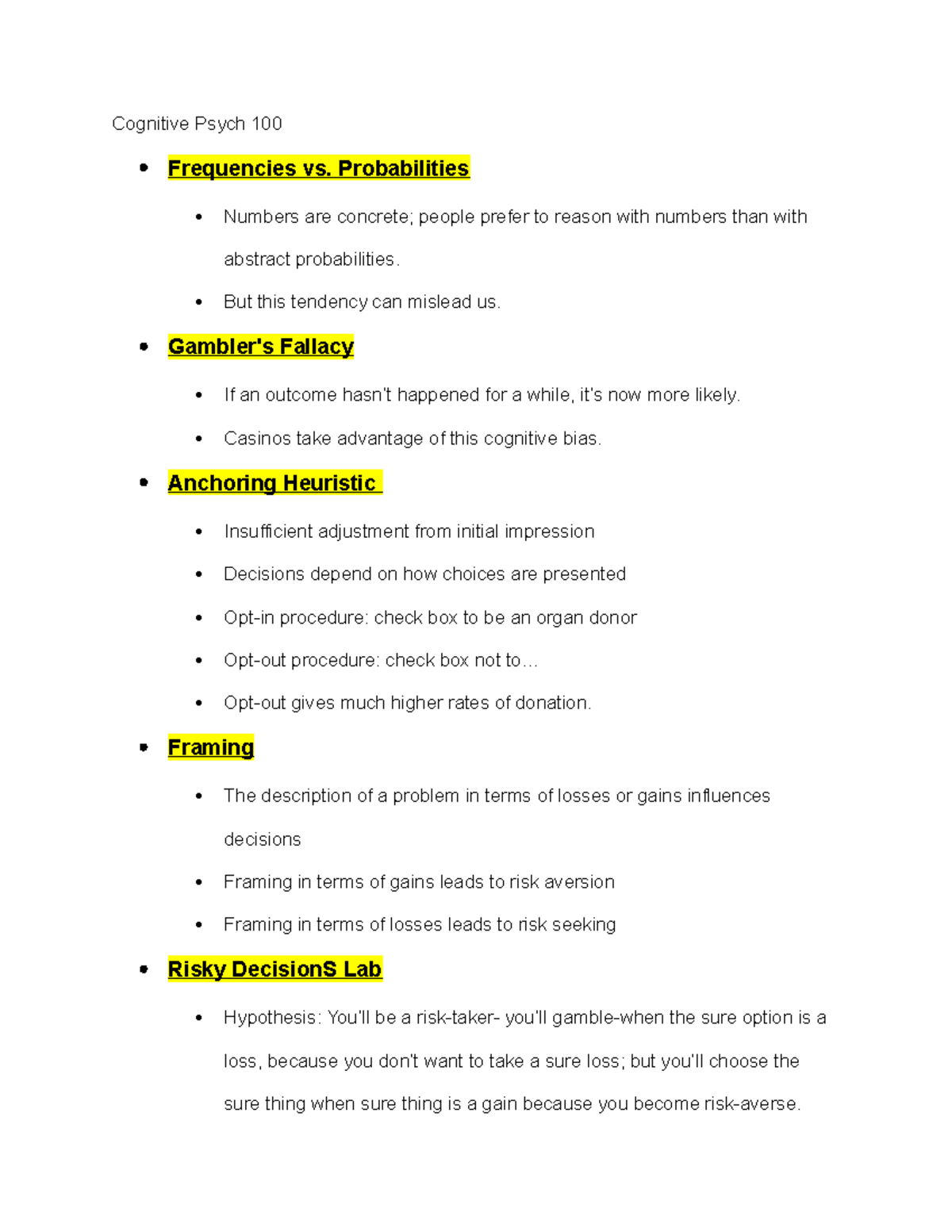 PSC 100 DAY 34 - Gambler's fallacy, framing - Cognitive Psych 100 ...