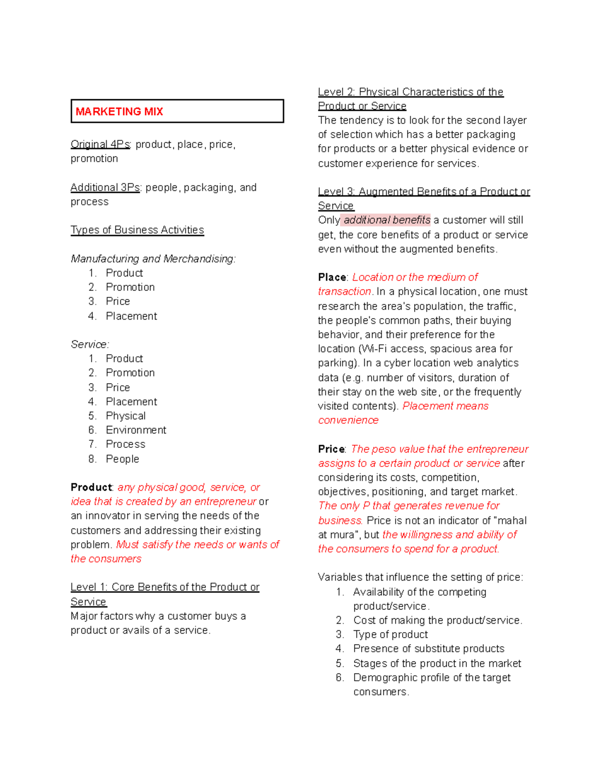 Entrep Reviewer - N/A - MARKETING MIX Original 4Ps: product, place ...