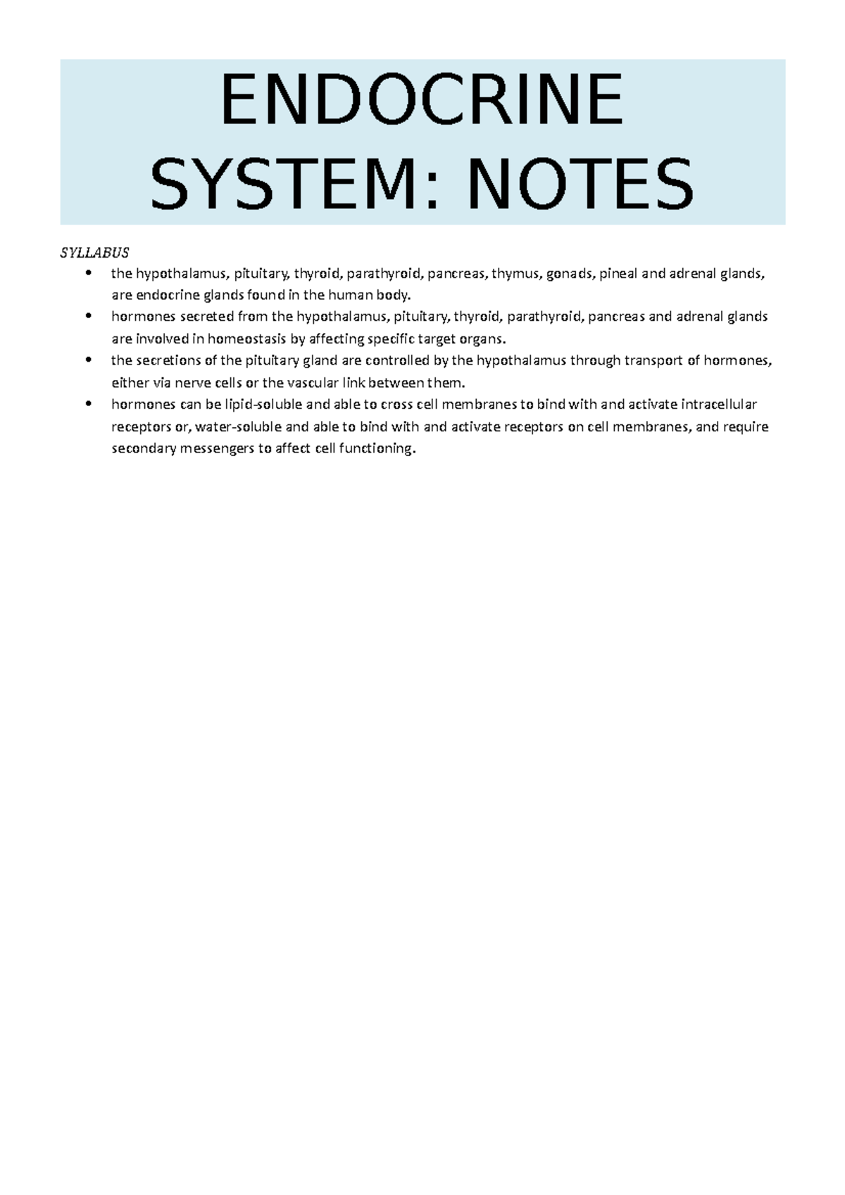 the endocrine system - ENDOCRINE SYSTEM: NOTES SYLLABUS the ...