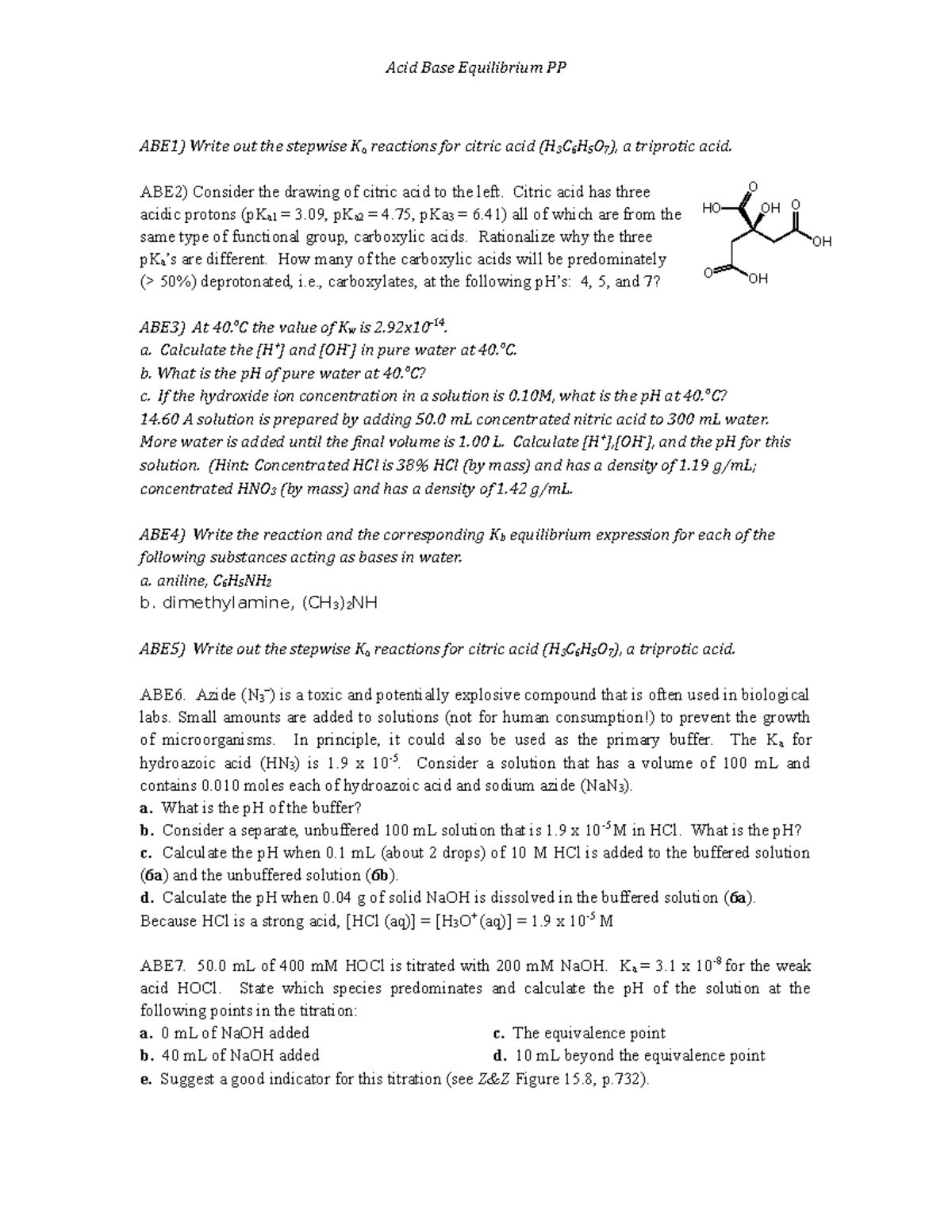 Acid Base Equilibrium PP - Acid Base Equilibrium PP ABE1) Write out the ...