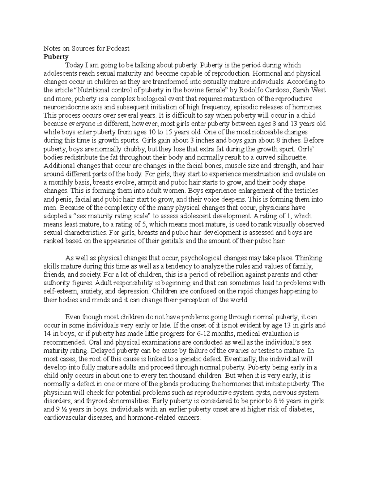 Outline for Podcast - Notes on Sources for Podcast Puberty Today I am ...