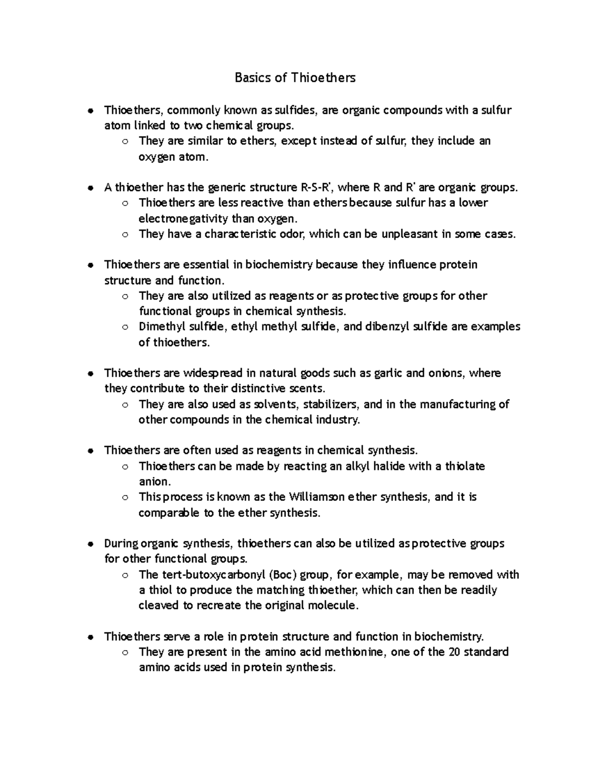 Basics of Thioethers - They are similar to ethers, except instead of ...