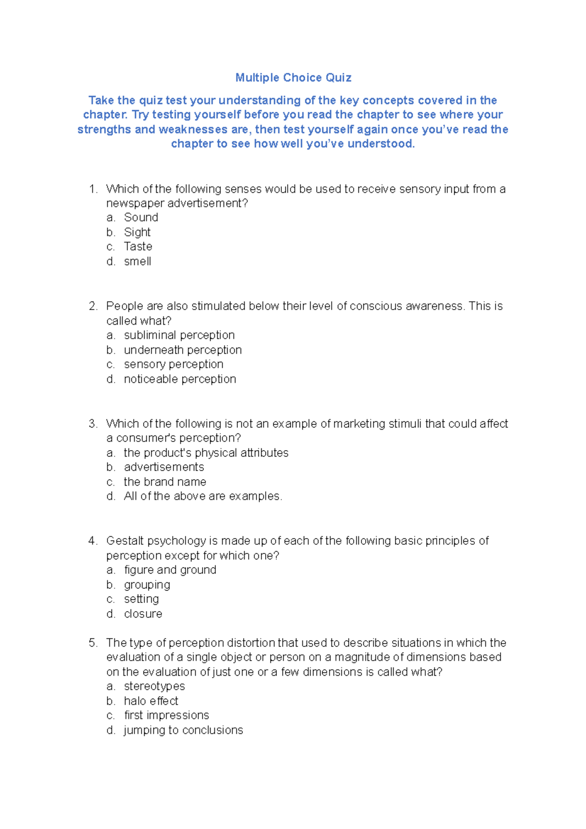 Multiple Choice Quiz-Perception - Multiple Choice Quiz Take the quiz ...