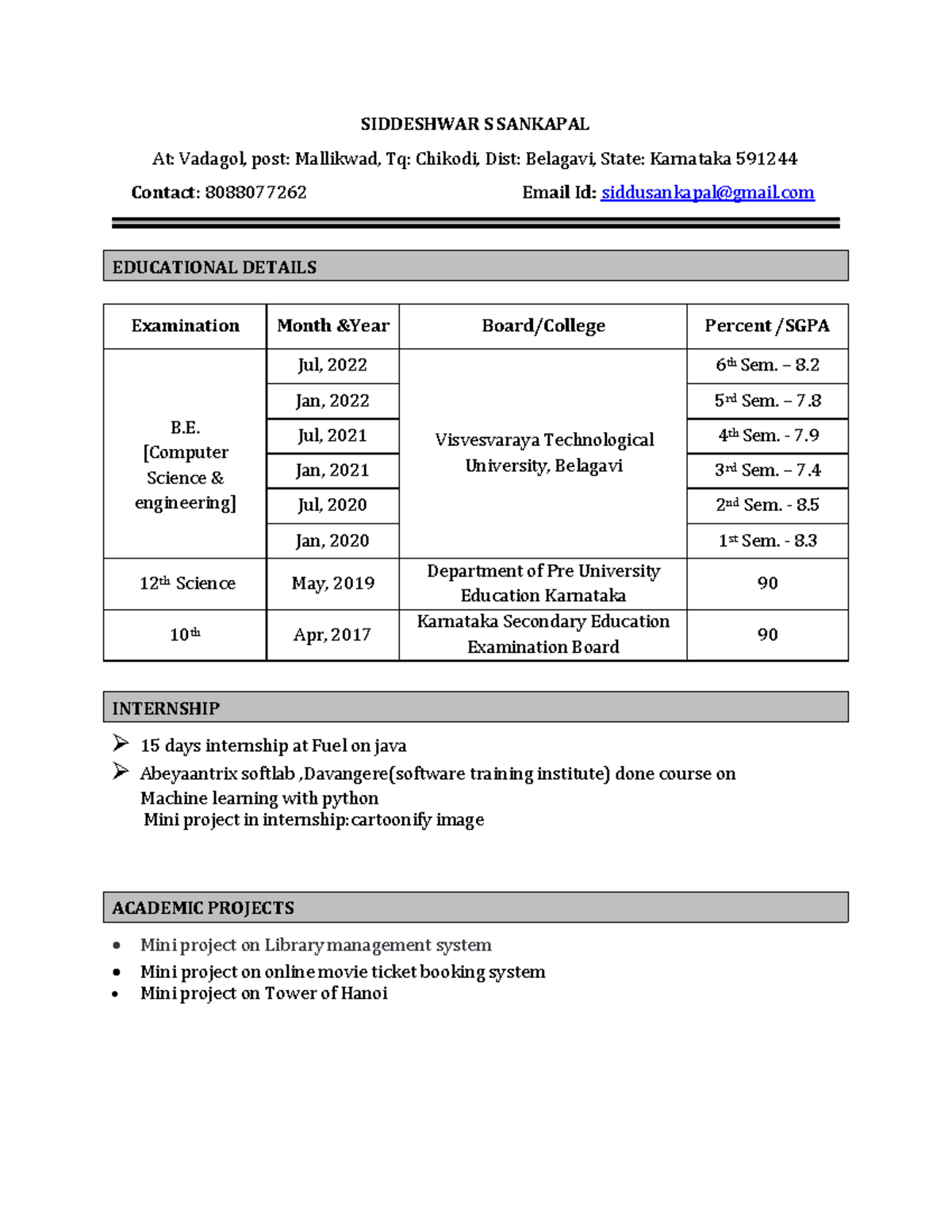Resume - Useful - EDUCATIONAL DETAILS INTERNSHIP ACADEMIC PROJECTS SIDDESHWAR S SANKAPAL At ...