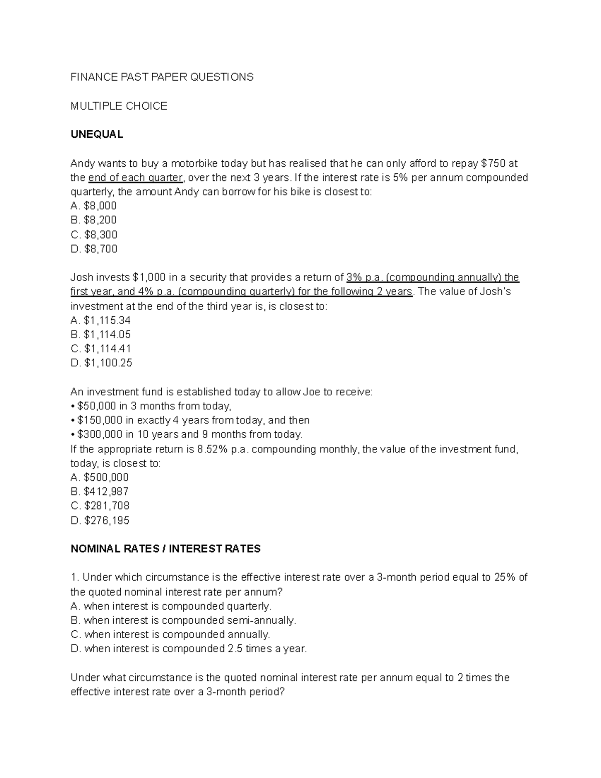 Finance PAST Paper Questions - FINANCE PAST PAPER QUESTIONS MULTIPLE ...