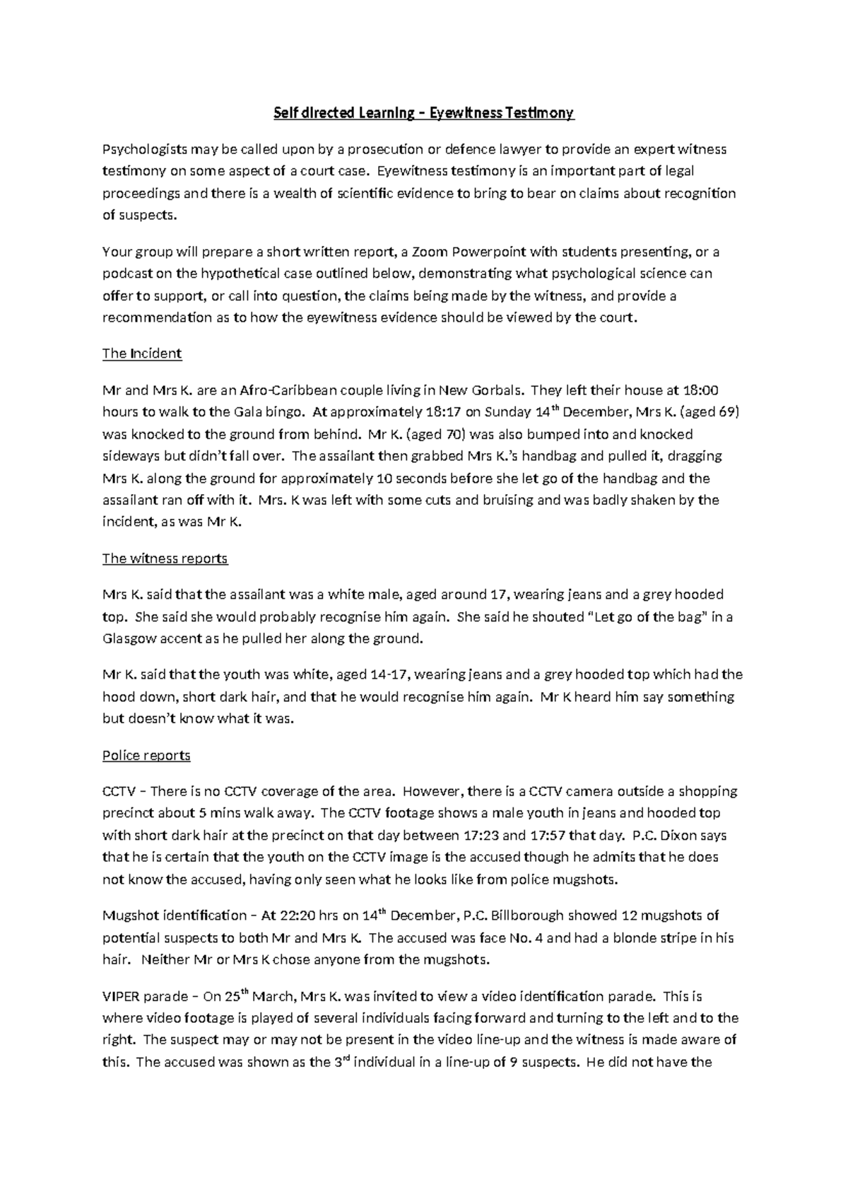 Eye Witness Case Document 2024 - Self directed Learning – Eyewitness ...