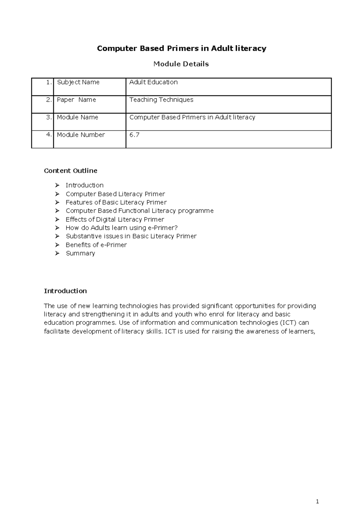 Computer based primers - Content Outline Introduction Computer Based ...