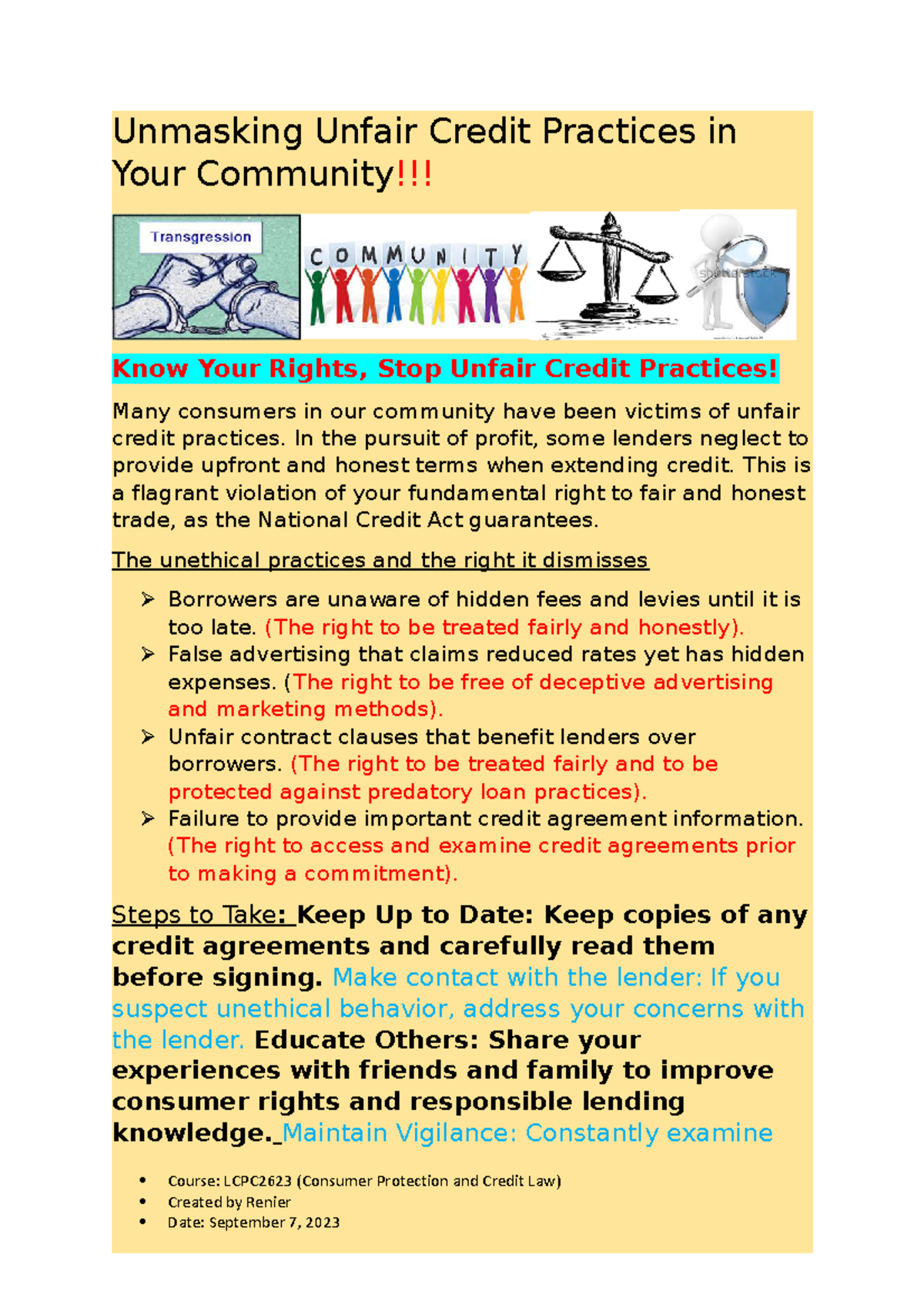 Assignment 1 (Community engagement project) LCPC - Unmasking Unfair ...