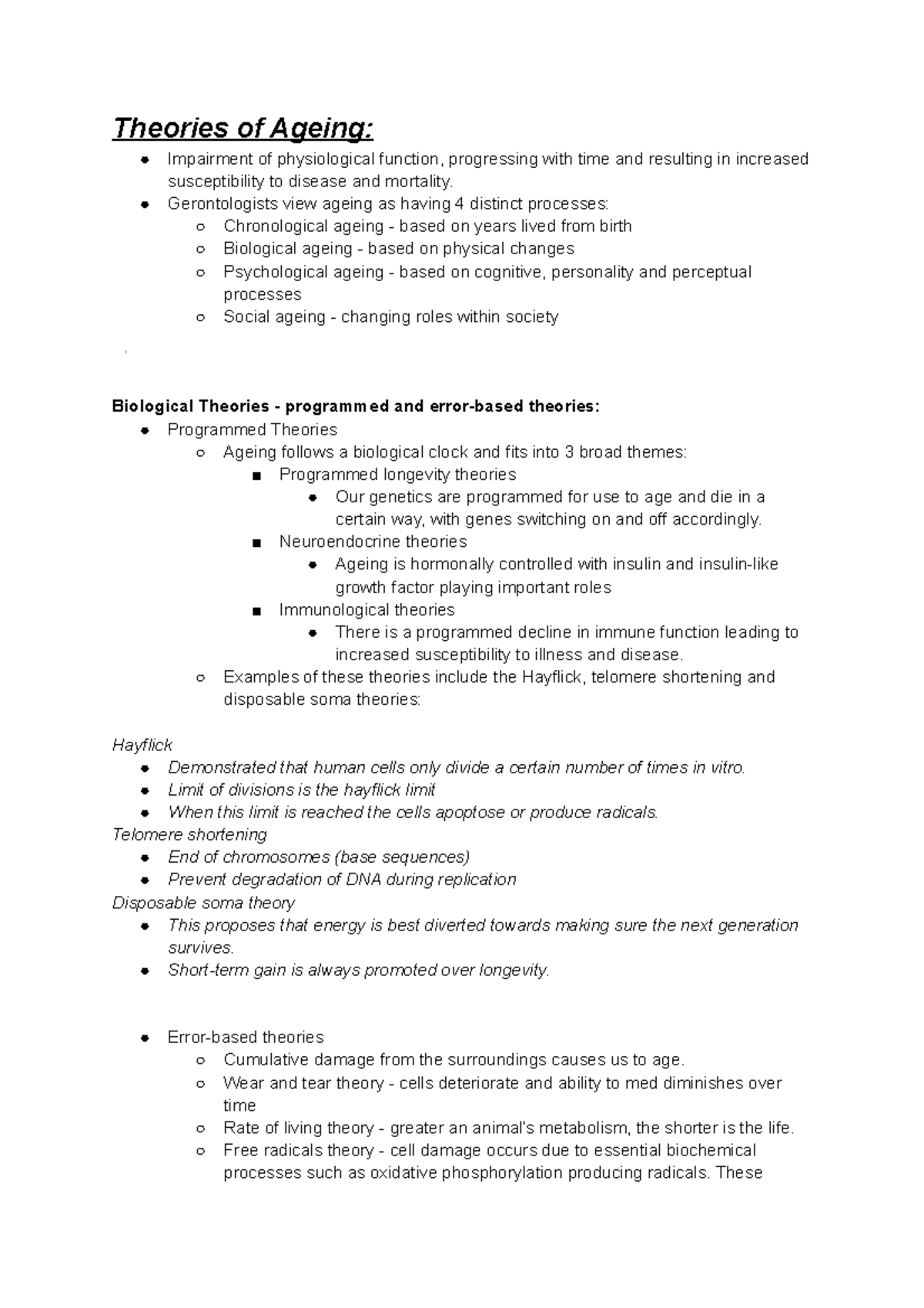 Theories of Ageing - Lecture notes Year 4 Geriatrics - Theories of ...