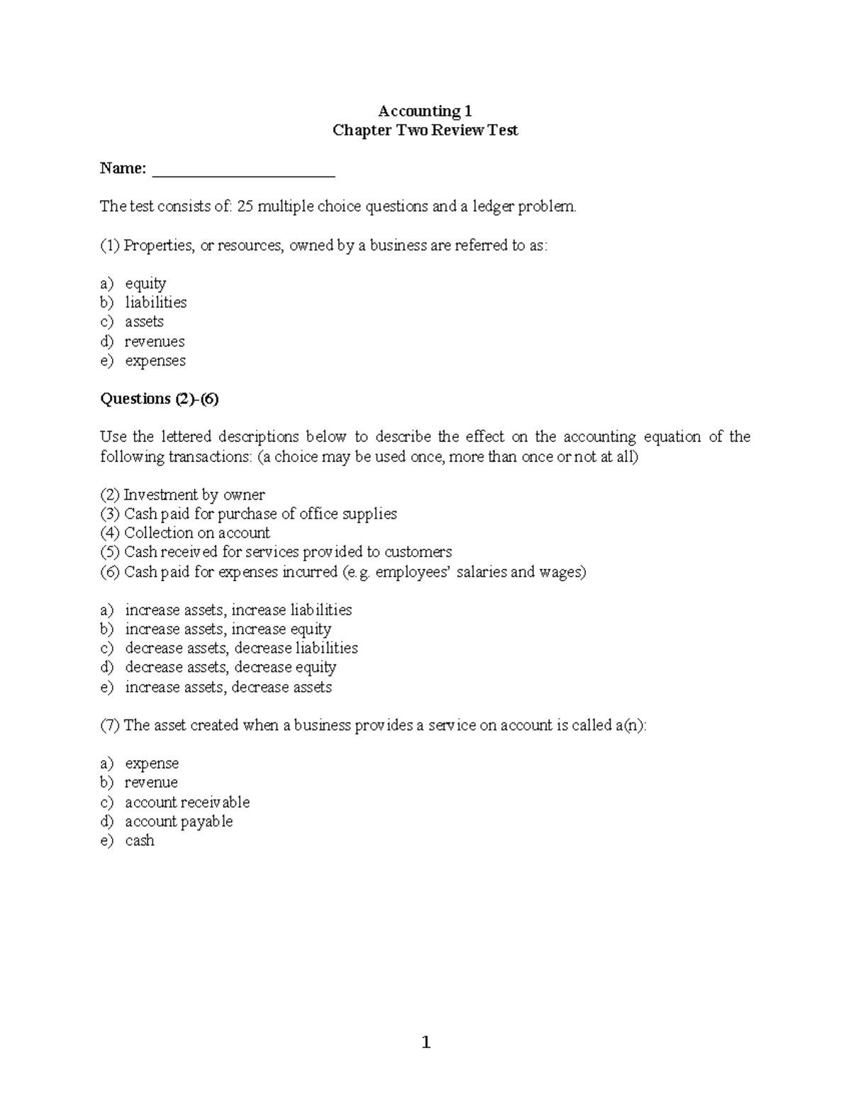 accounting 1 ch 2 - Accounting 1 Chapter Two Review Test Name ...