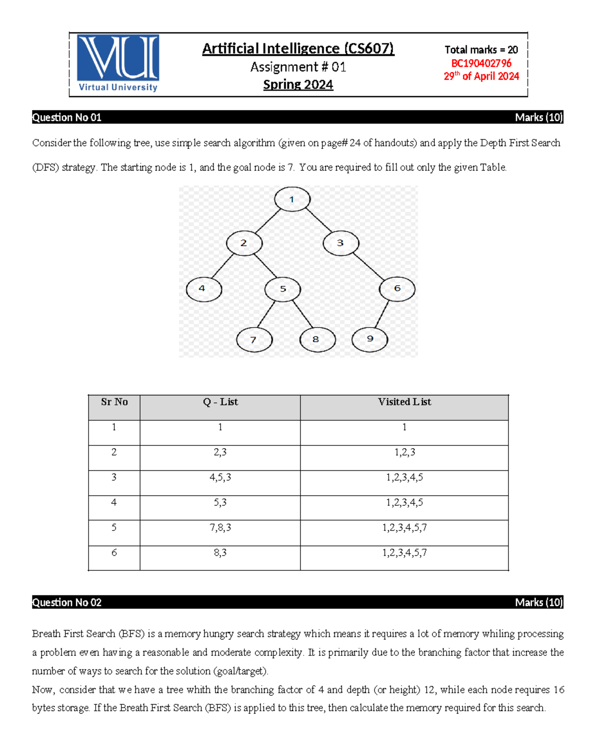 BC190402796 Spring 2024 CS607 1 - Artificial Intelligence (CS607) Assignment # 01 Spring 2024 ...