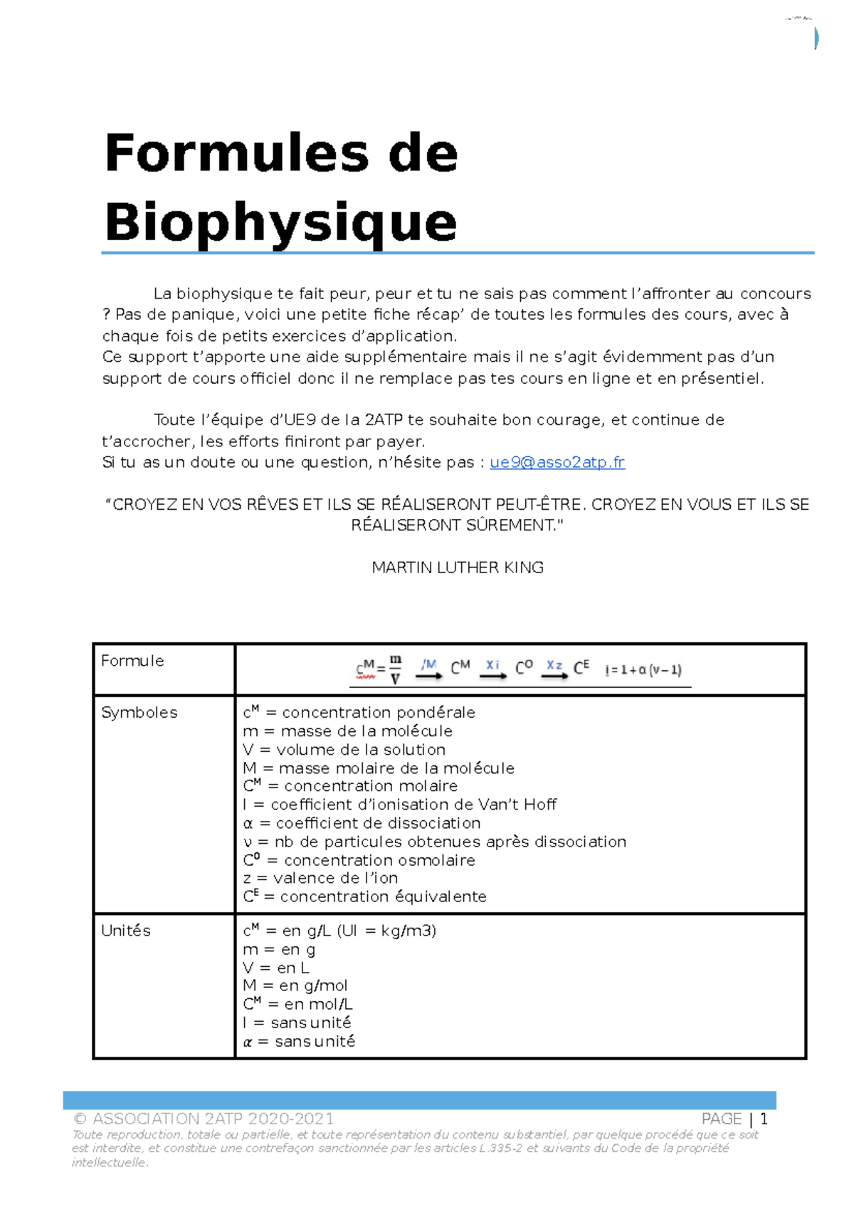 Formules des cours d'Hindré - Formules de Biophysique La biophysique te ...