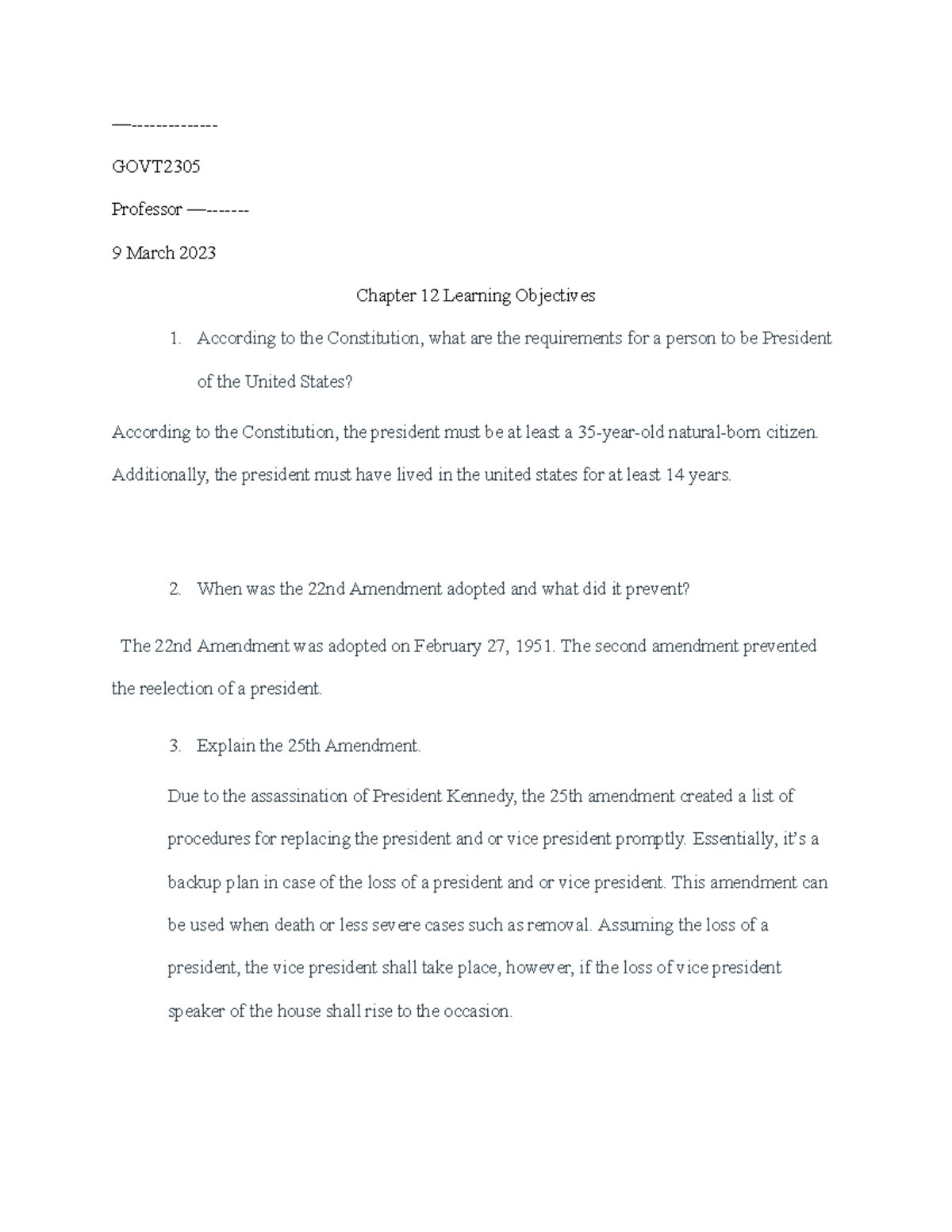 GOVT.CH12 - Learning objectives - —- GOVT Professor —- 9 March 2023 Chapter 12 Learning ...